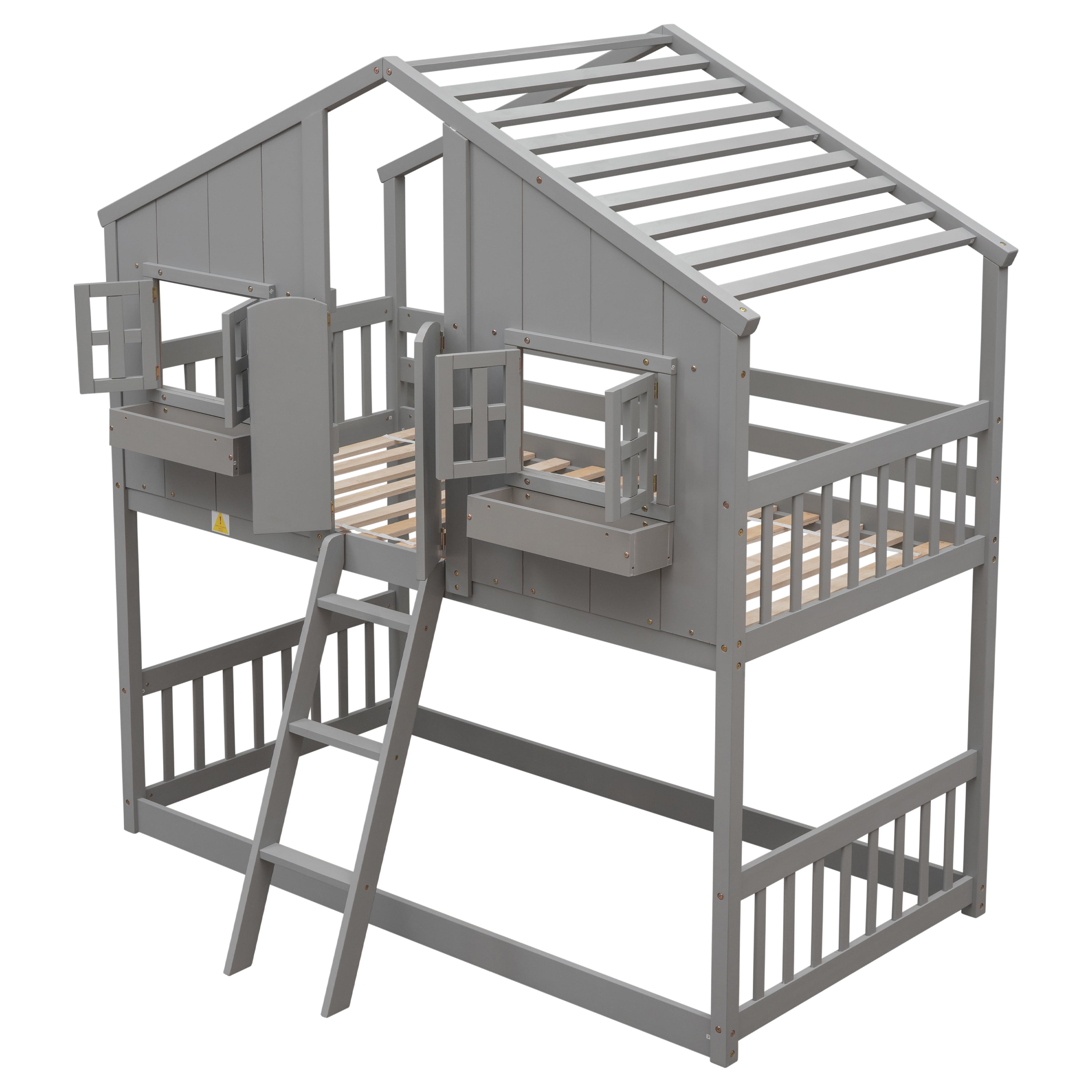 RONSHIN Twin Over Twin House Bunk Bed with Window And Door, Pine Wood ...