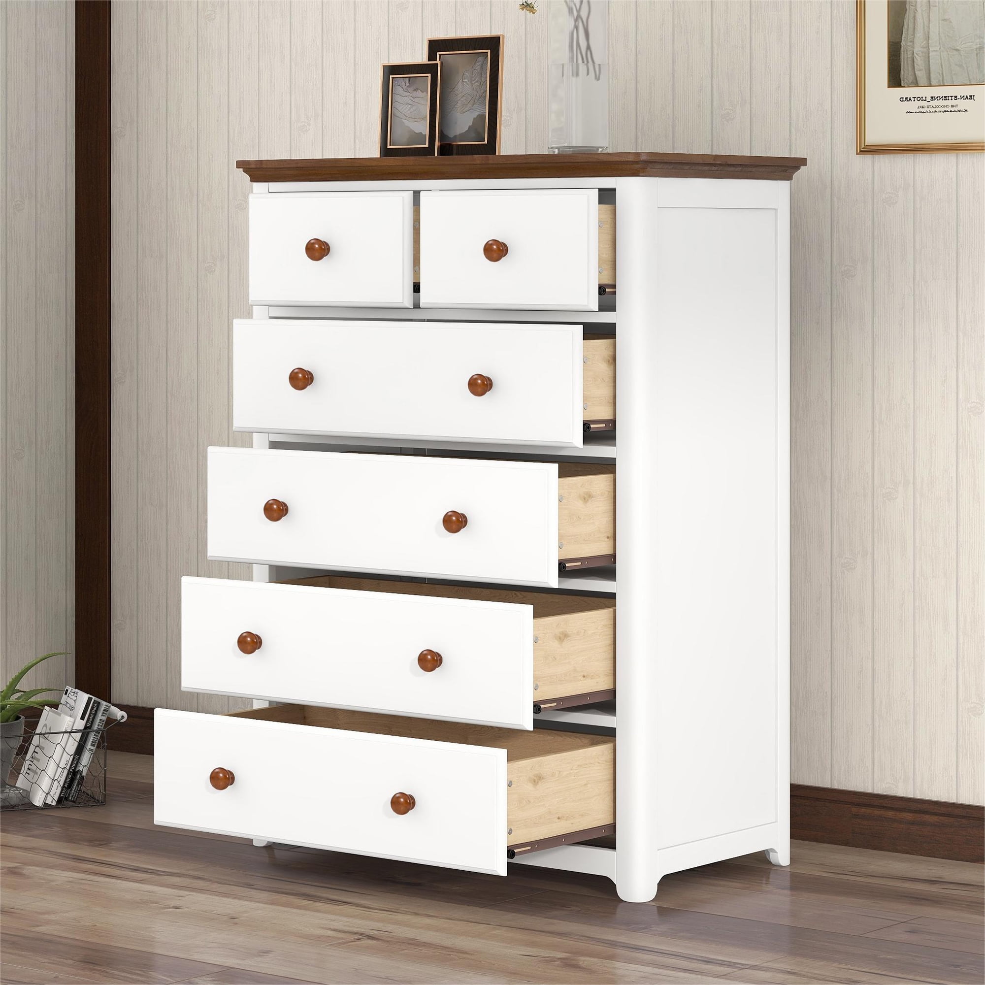 RONSHIN Wooden Chest With 6 Drawers Wood Rustic Tall Chset Storage ...