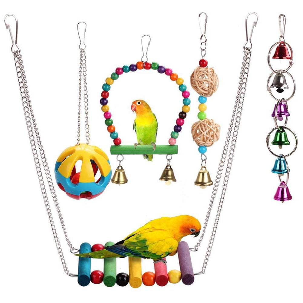 RONSHIN Wooden Parrot Toy Set Swing Hanging Bell Rattan Ball Chewing ...