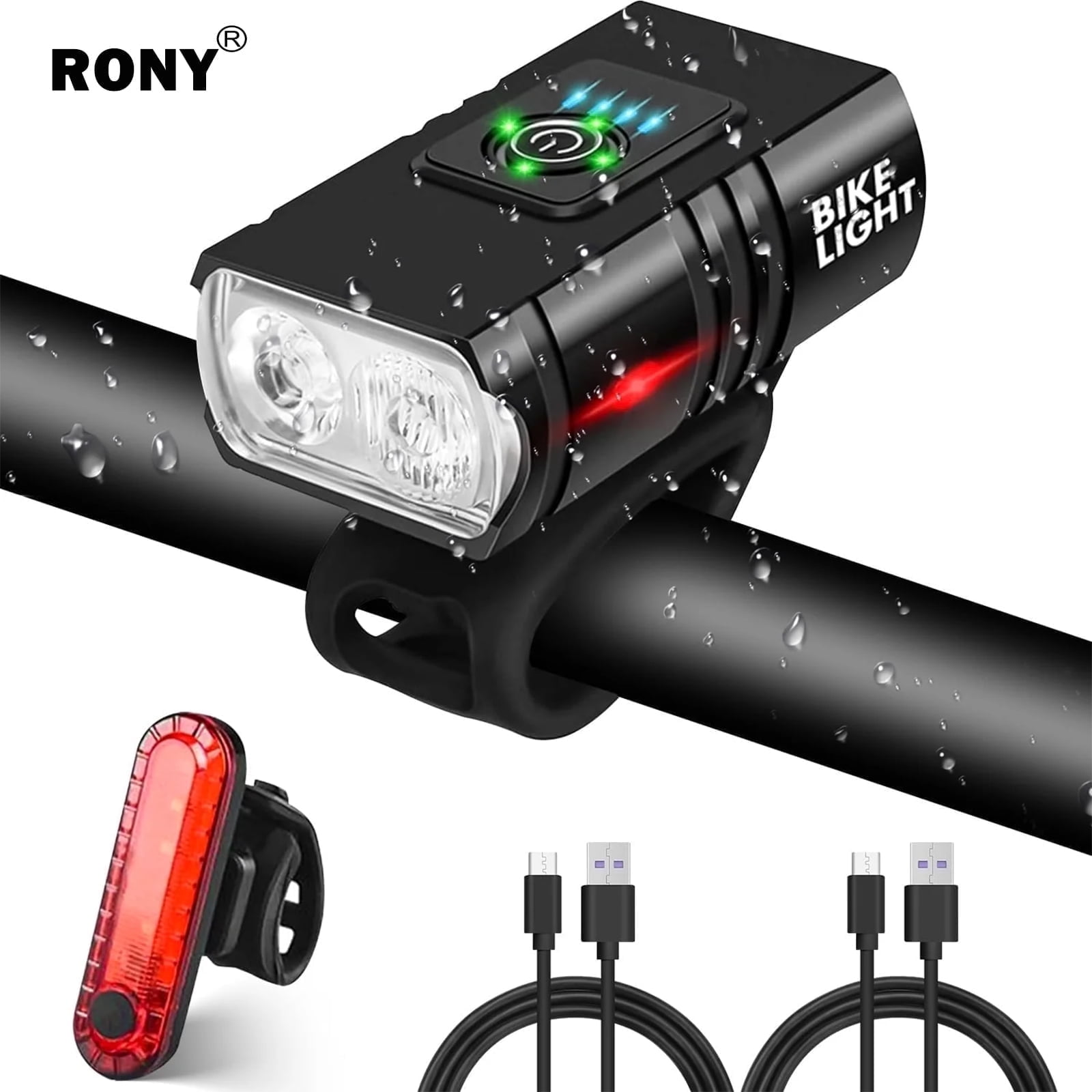 RONY 1000 Lumen Rechargeable Bicycle Lights, Waterproof Front and Rear Bike Lighting Set, Black ...