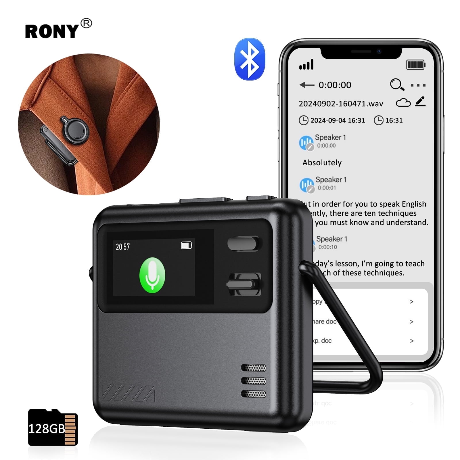 RONY 128GB AI Voice Recorder with Voice-to-Text Transcription ...