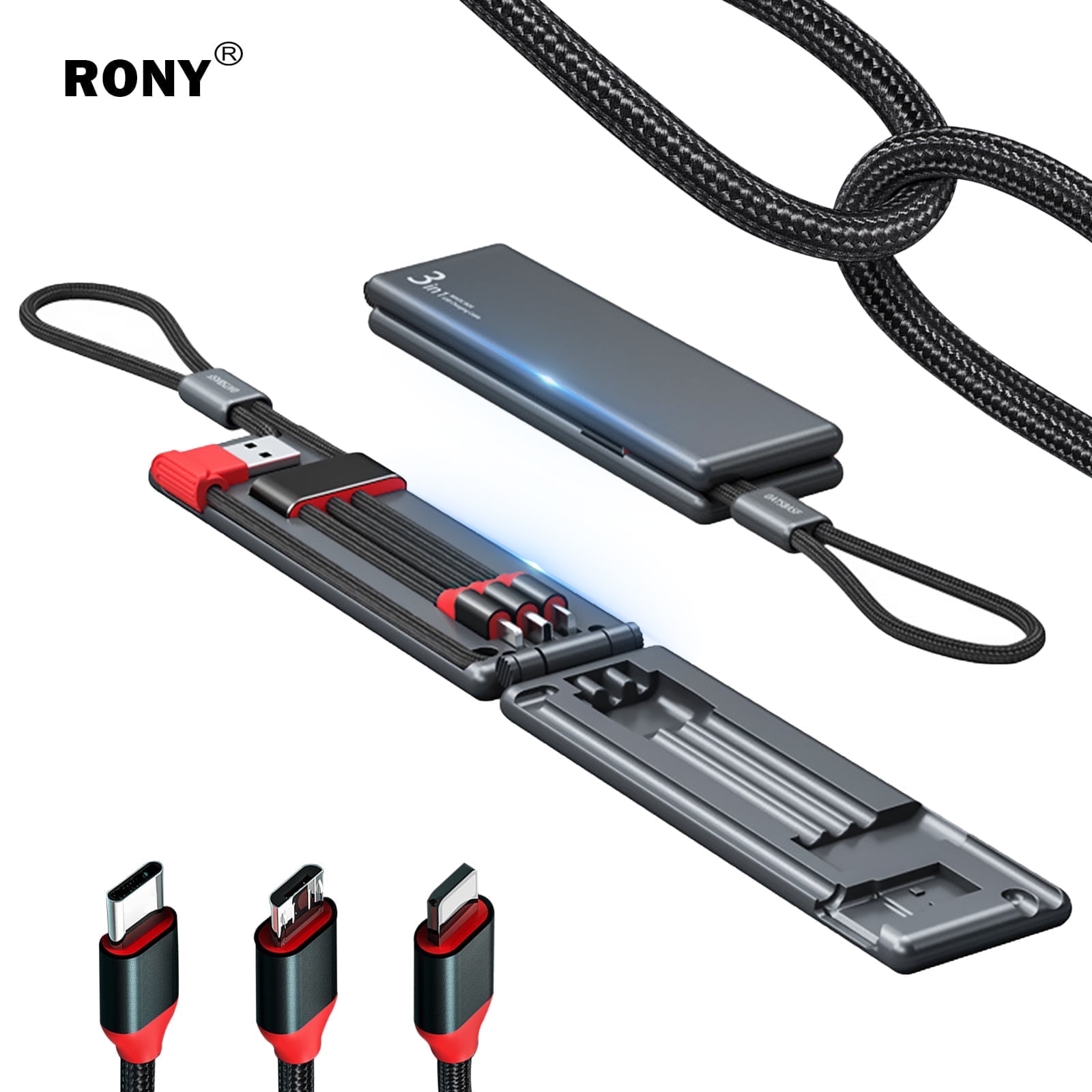 RONY 3 in 1 Retractable Nylon Braided Charging Cable, Compatible with ...