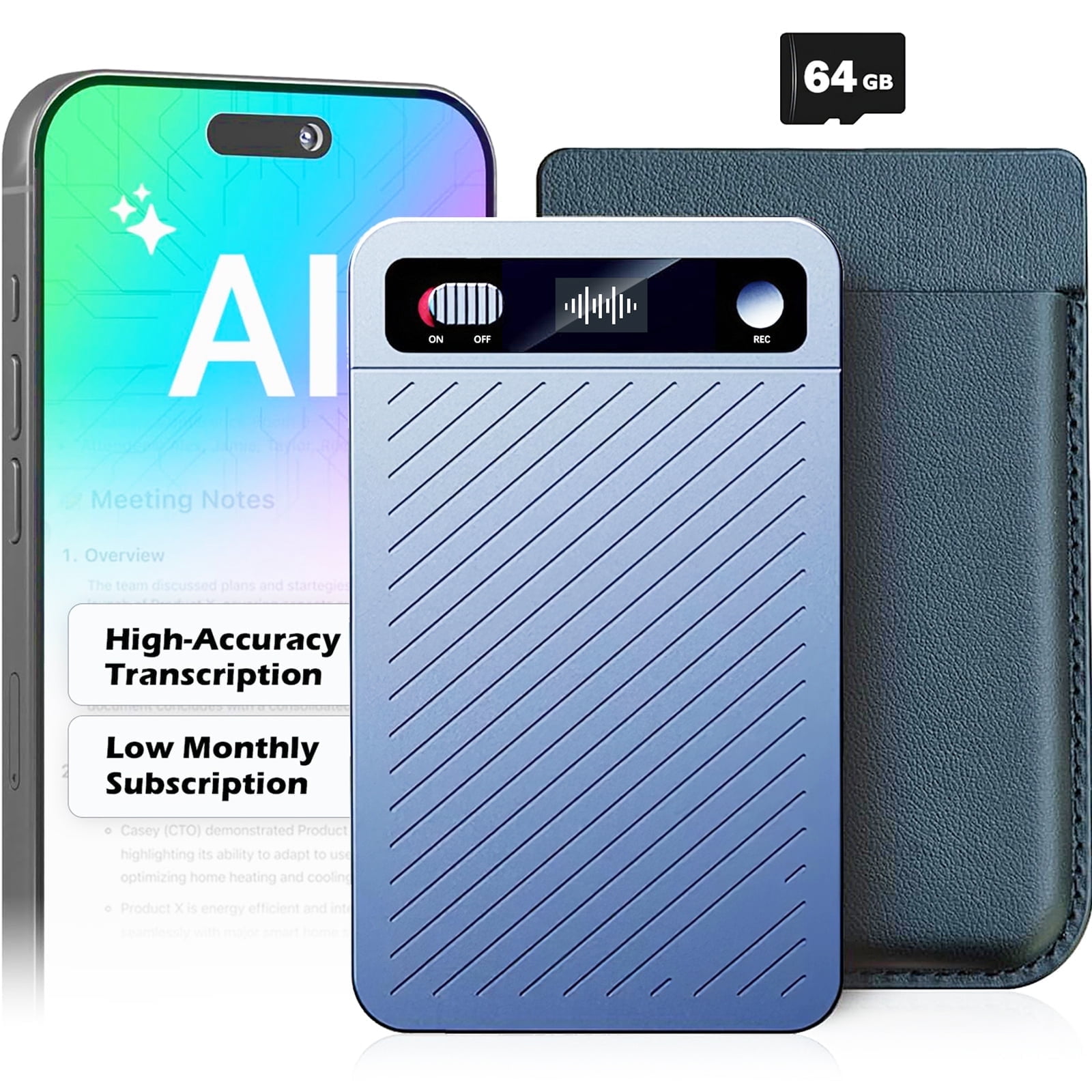 RONY 64GB AI Smart Voice Recorder with App Control-Transcribe Translate ...