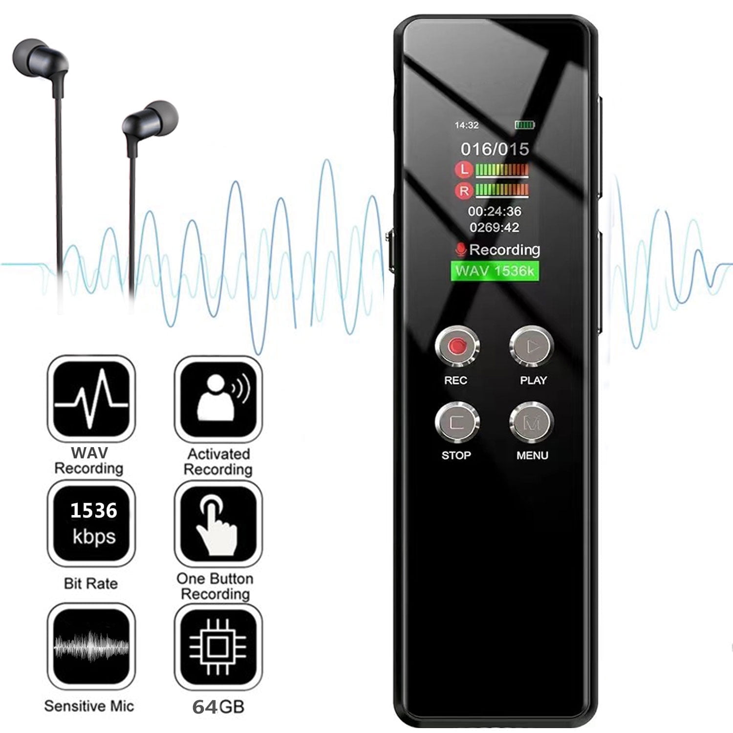 RONY 64GB Digital Voice Recorder - 1536Kbps Voice Activated Recorder ...