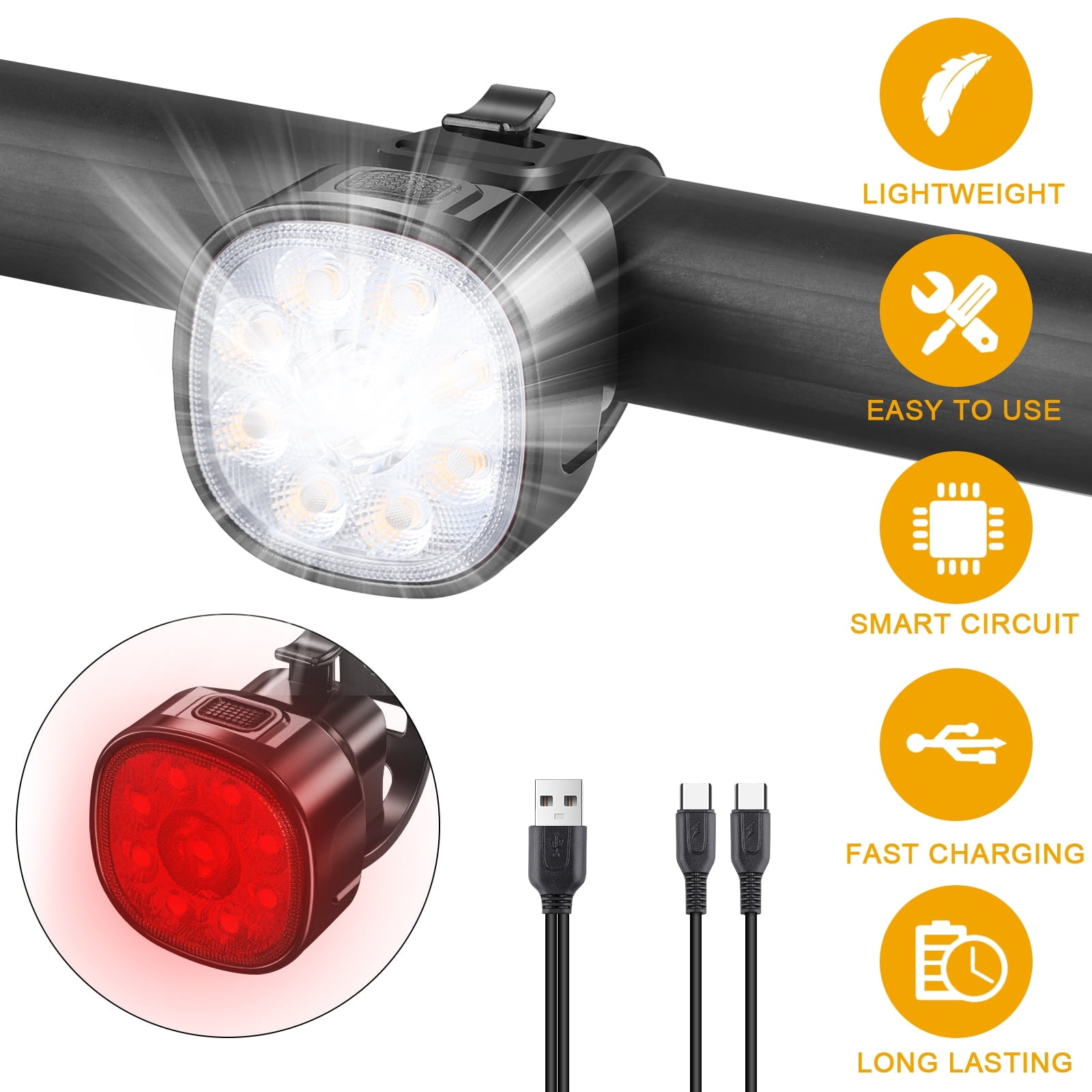 RONY Rechargeable Bike Lights Set IP65 Waterproof for Night Riding - 9 ...