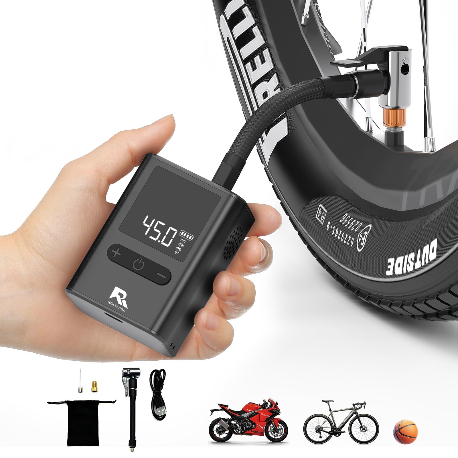 ROOMARK Portable Electric Bike Pump, Max 100 PSI 1000 mAh Auto Shut-Off ...
