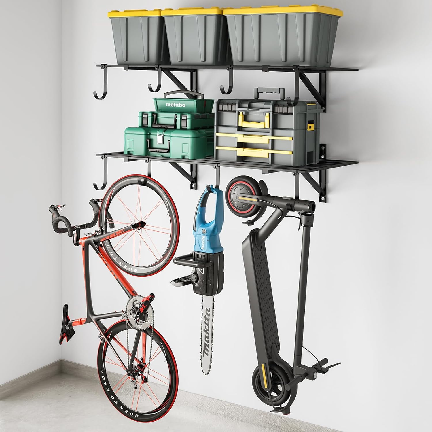 ROOMTEC Heavy Duty Garage Wall Mounted Shelves with 8 Hooks, 2 Pack ...