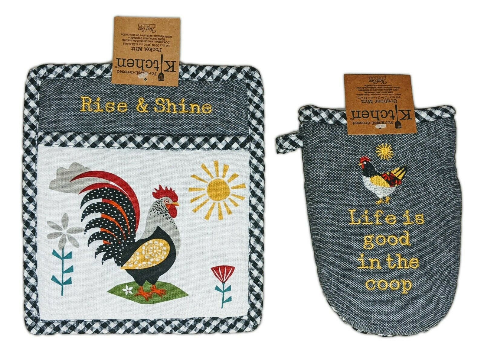 ROOSTER Rise & Shine Farm Life Potholder & Oven Grabber Mitt Set, by ...