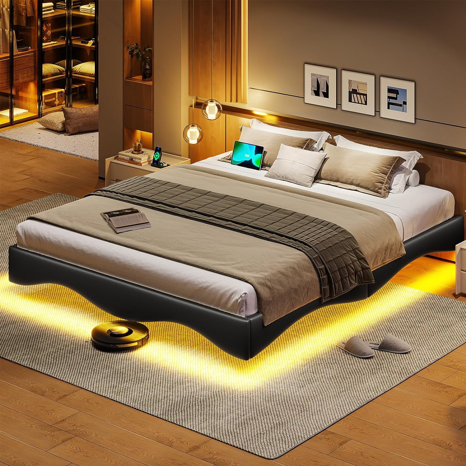 ROQ Floating Bed Frame Queen with LED Lights, Upholstered Platform Bed ...