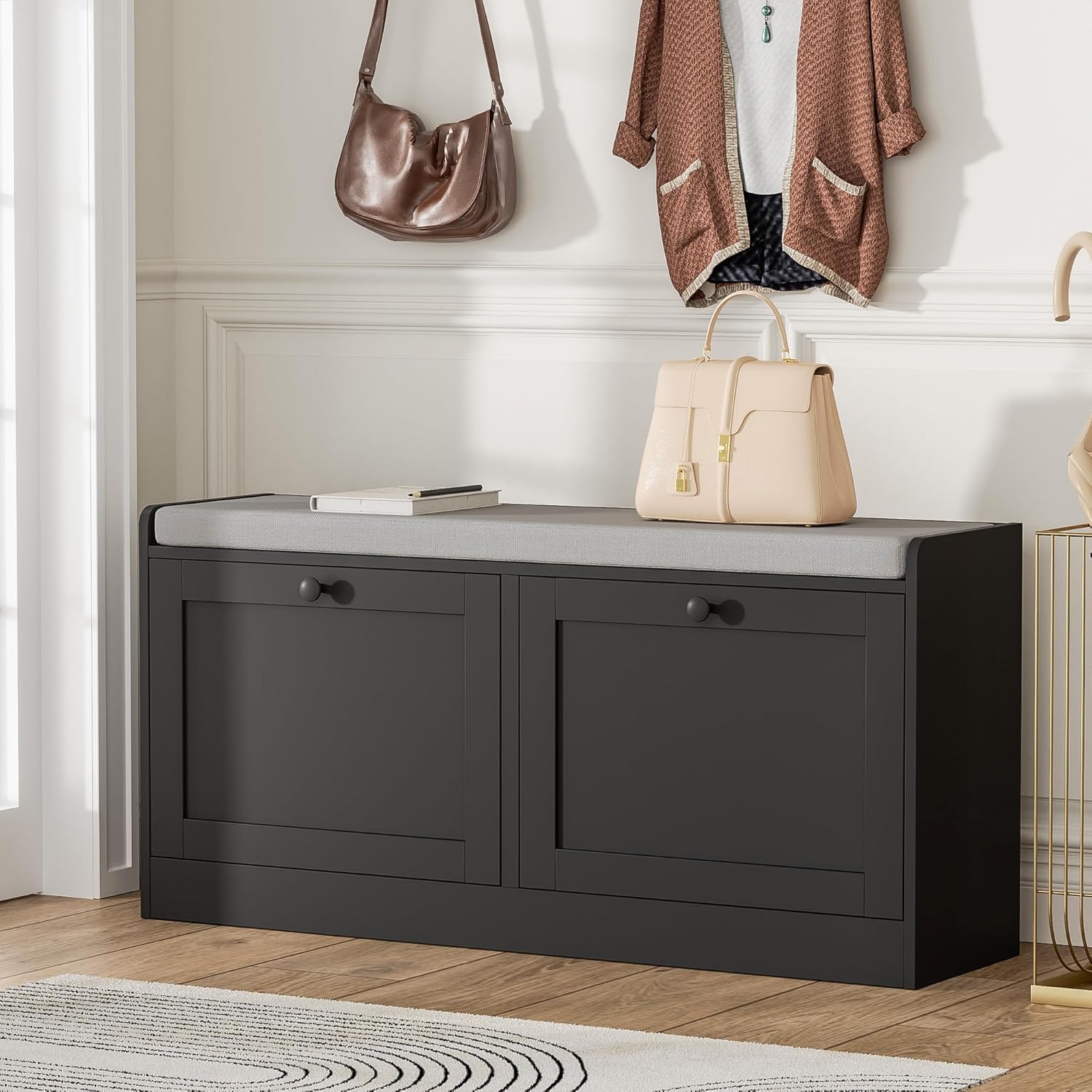 ROQ Modern Entryway Bench with 2 Flip Drawers, Shoe Bench with Padded ...