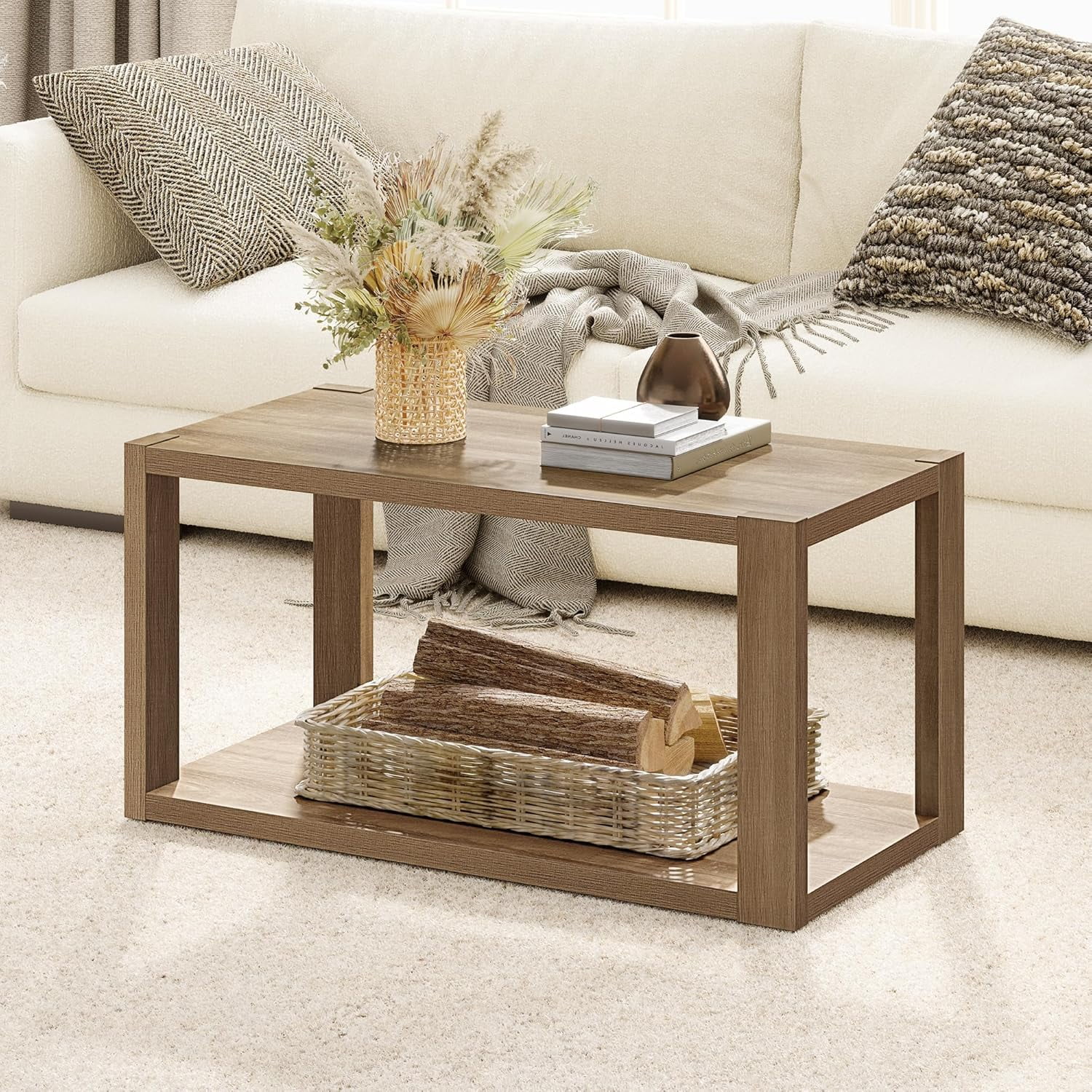 ROQFarmhouse Rectangle Coffee Table - Boho Center Table with Storage ...