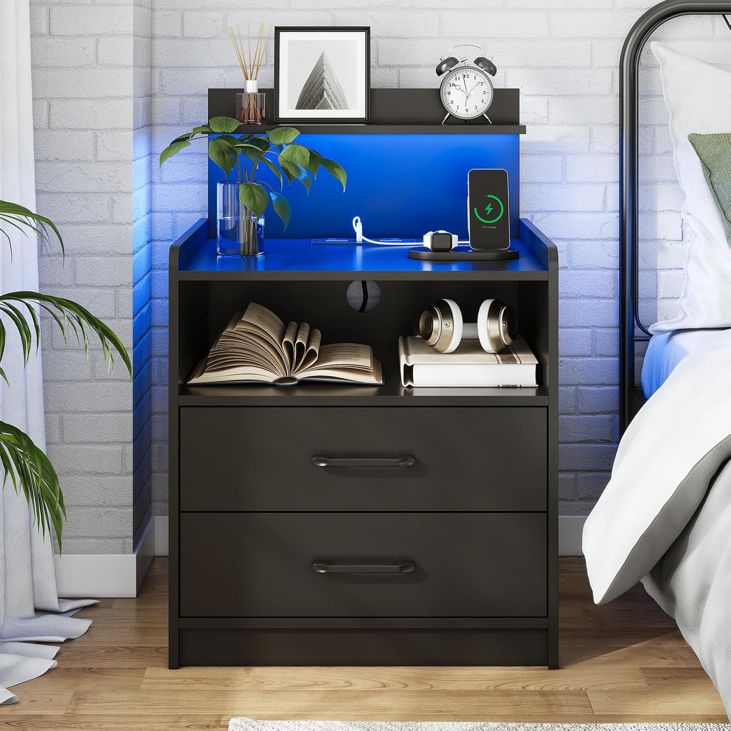 ROQLED Nightstand with Charging Station, Night Stand with 2 Drawers and ...