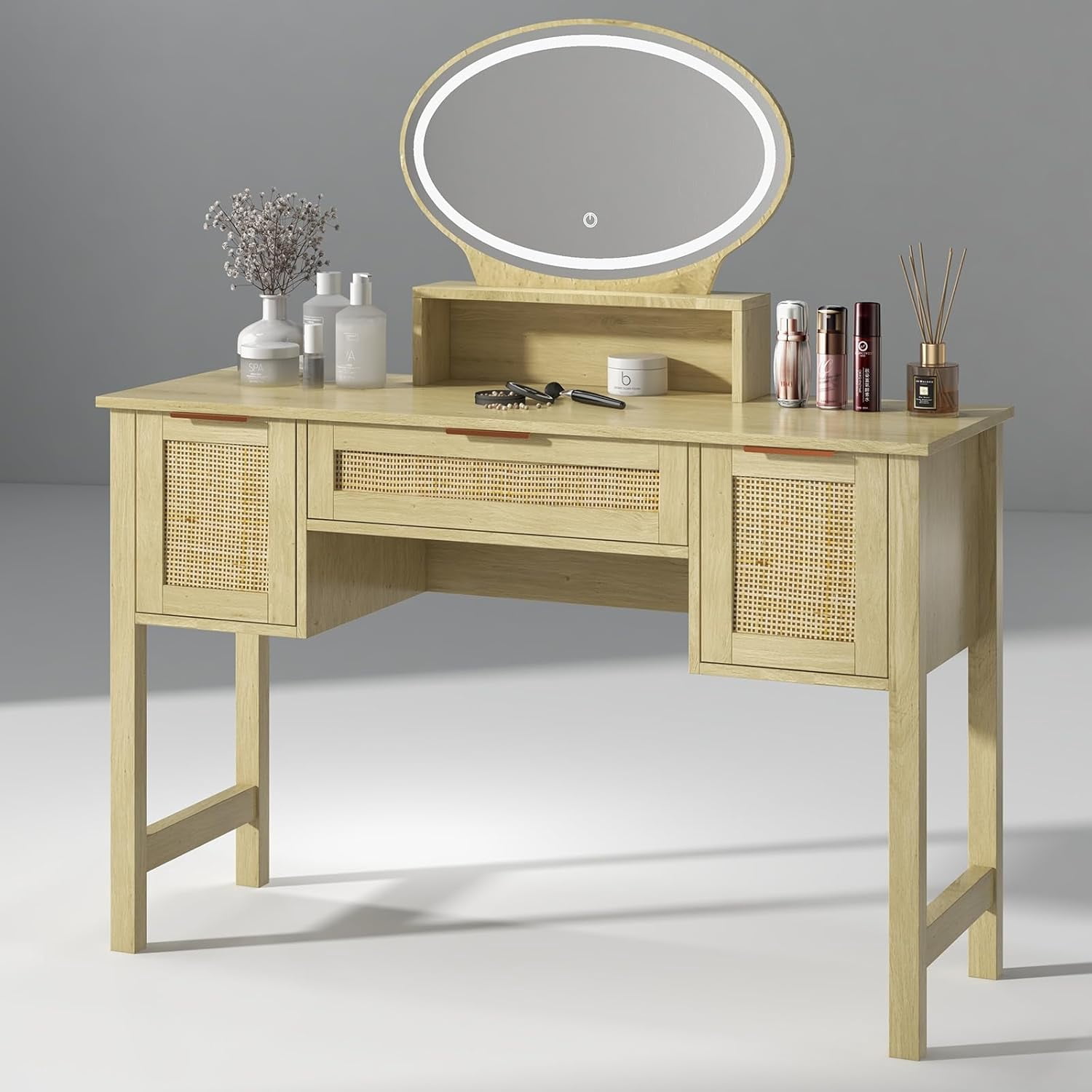 ROQRattan Vanity Desk with Mirror and Lights, 47 Inch Boho Wood Makeup ...