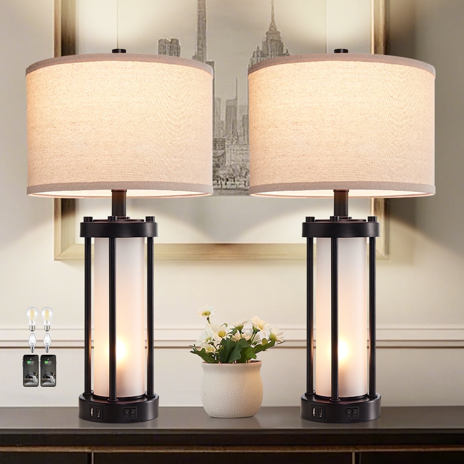 RORIA 24” Modern Living Room Table Lamp 2-Piece Set with 2 USB Charging Ports, Built-in White ...