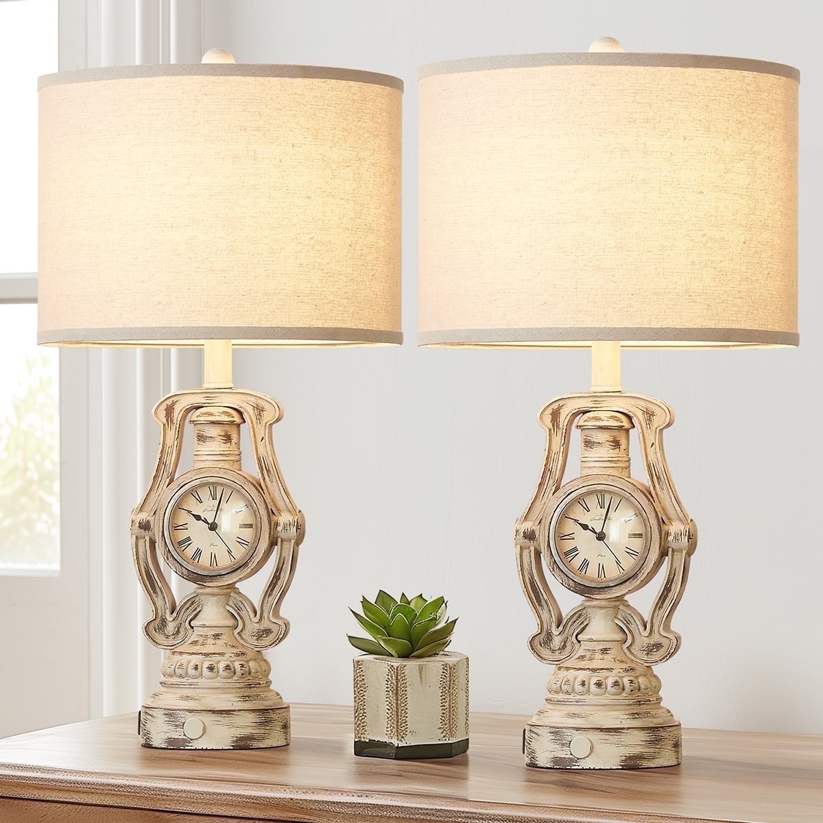 RORIA 25”Living Room Table Lamp Set of 2 Clock, Touch-Control Three ...