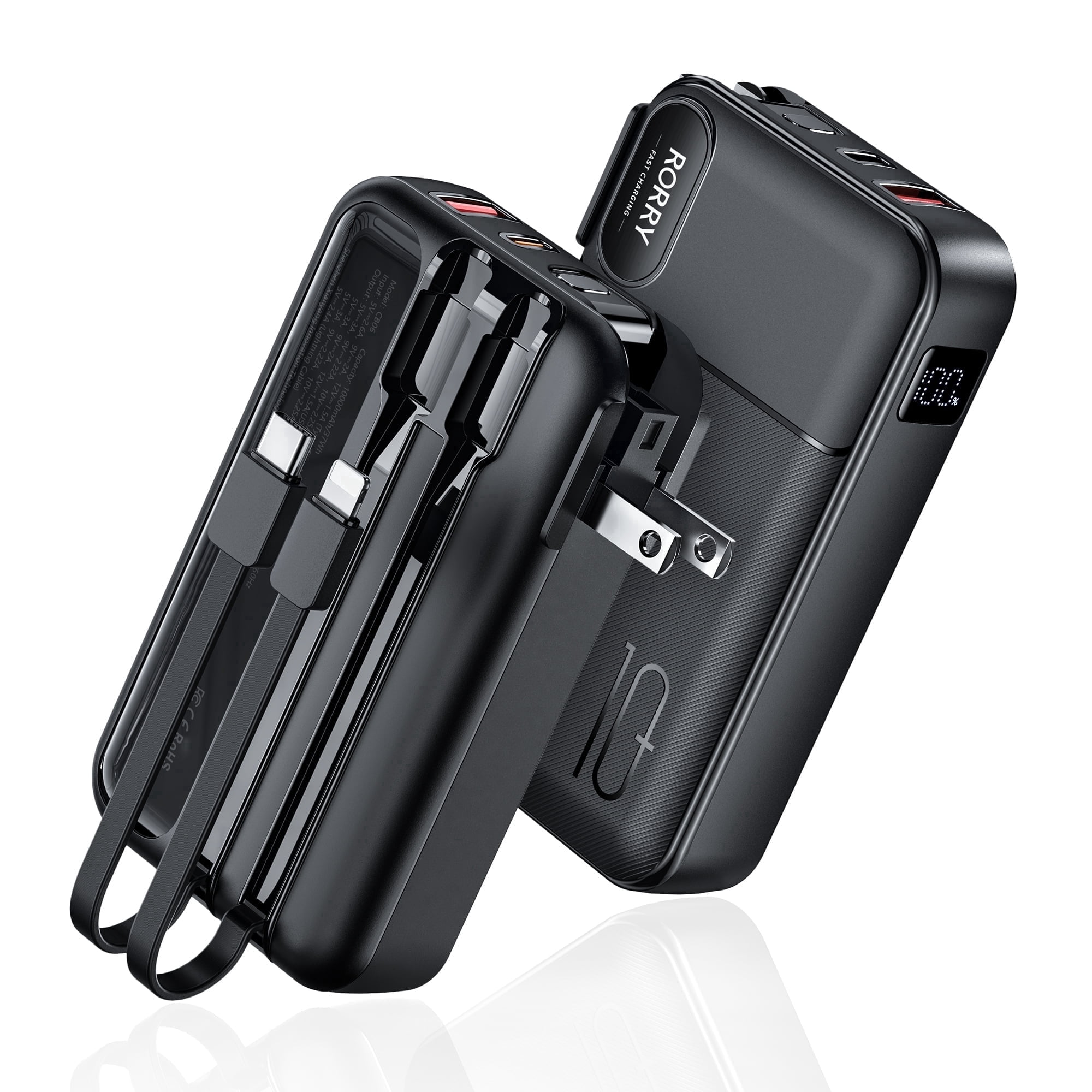 RORRY Portable Charger with Built-in Cables 10000mAh and AC Wall Plug ...