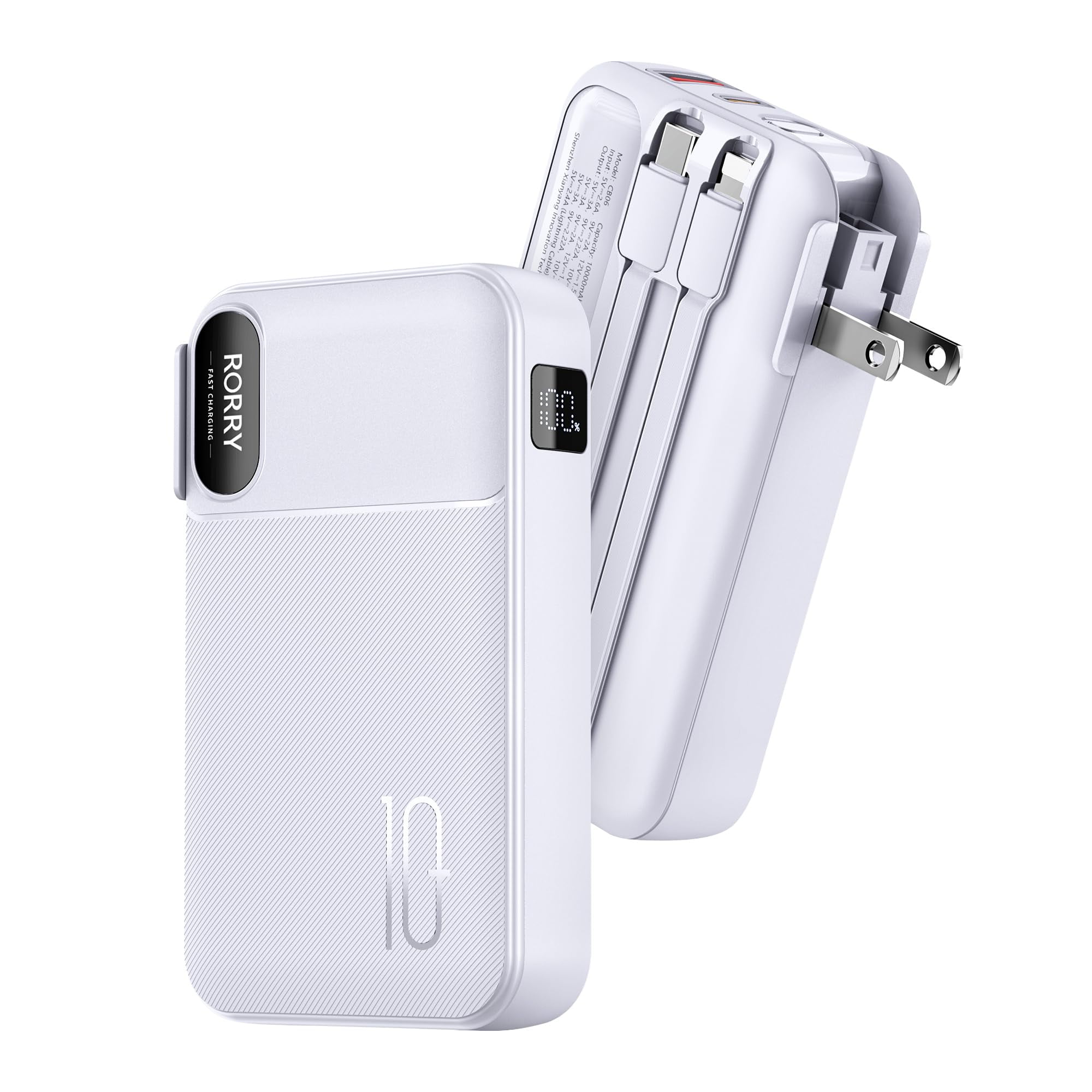 RORRY Portable Charger Built in Cables, AC Wall Plug in Portable ...