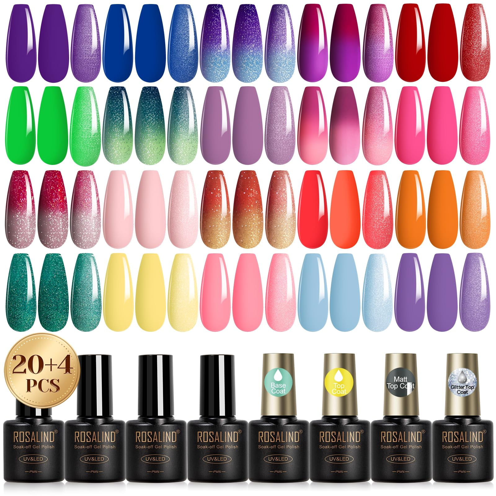 ROSALIND Color Changing Gel Nail Polish Set, 20 Colors Red Yellow Ombre ...