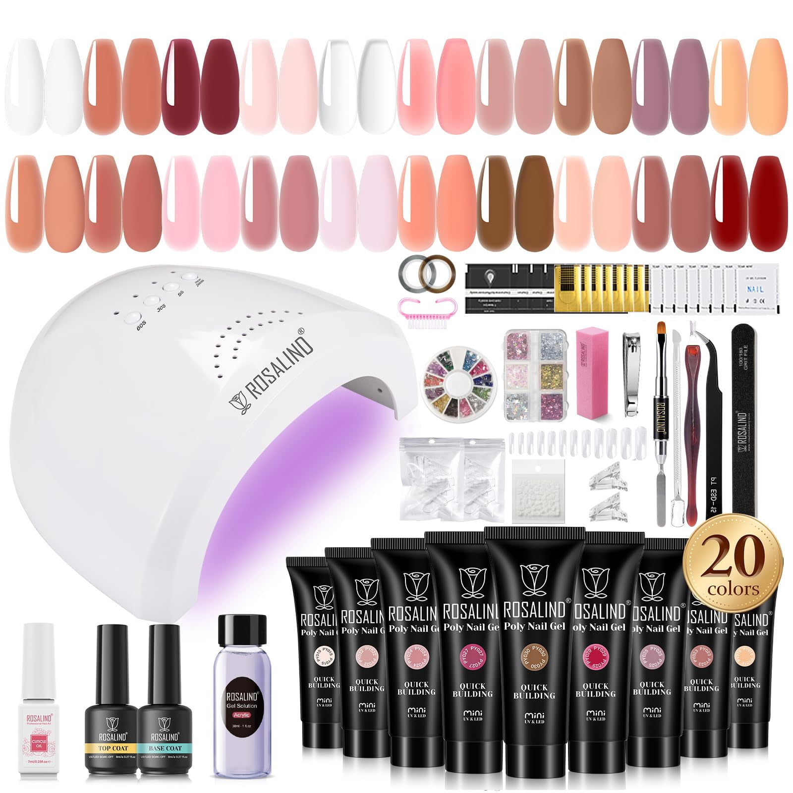 ROSALIND Poly Nail Gel DHF10 Kit -20 Colors + 72Nail Kit, Nude Clear ...