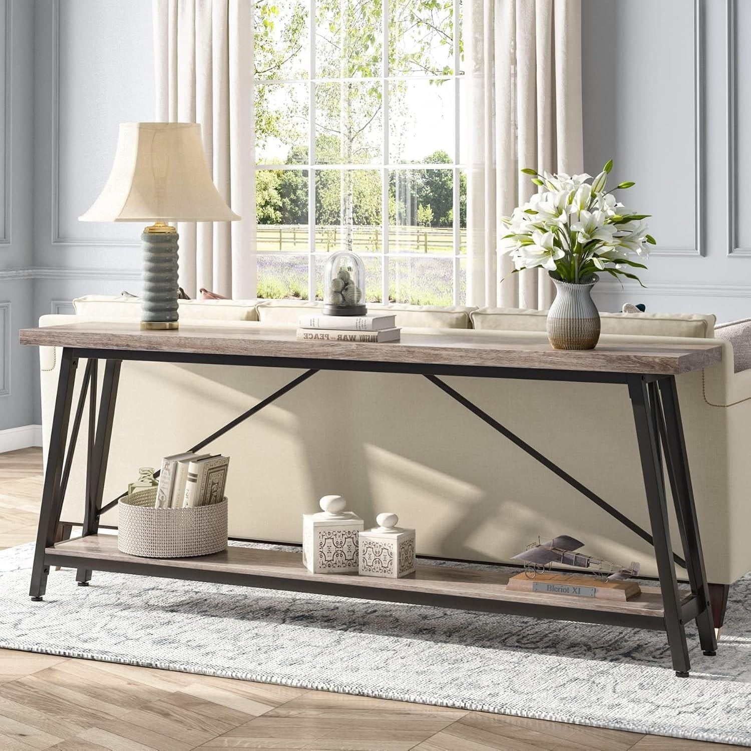 ROSE 70.9 Inches Extra Long Console Table N/A Light Grey Wood Finish ...