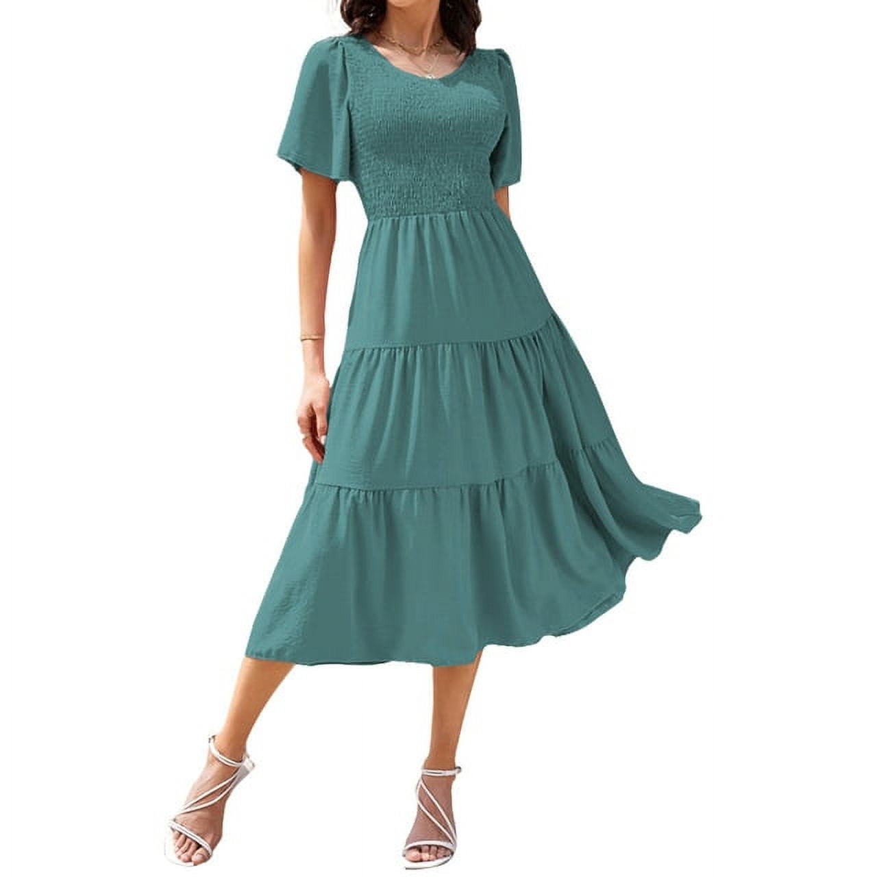 ROSE ROUND Summer Dresses For Women Casual V Neck Sundress Smocked ...