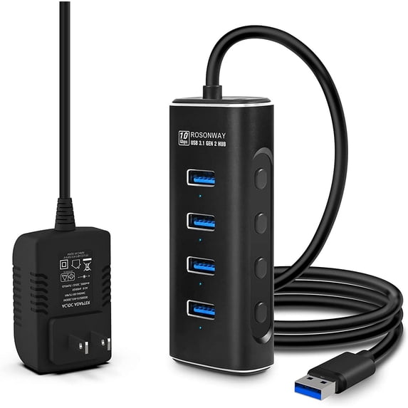 ROSONWAY Powered USB Hub, 4-Port Aluminum 10Gbps Superspeed USB 3.1 Gen ...
