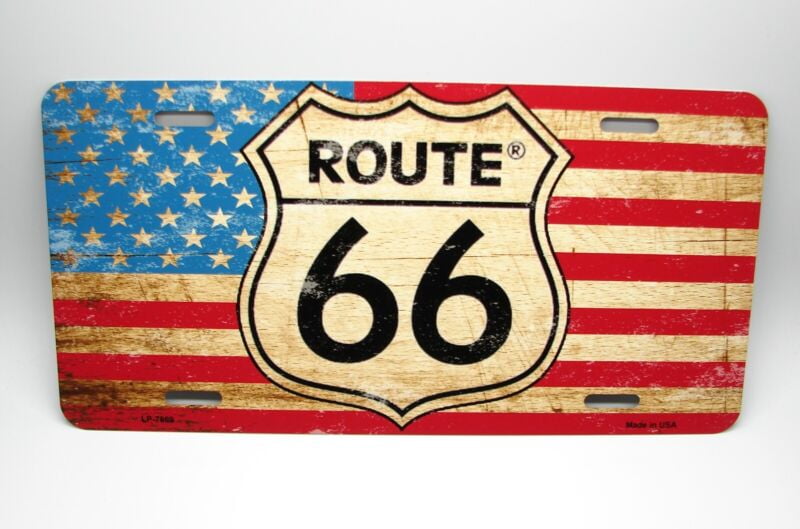 ROUTE 66 AMERICAN FLAG METAL CAR NOVELTY LICENSE PLATE TAG VINTAGE ...