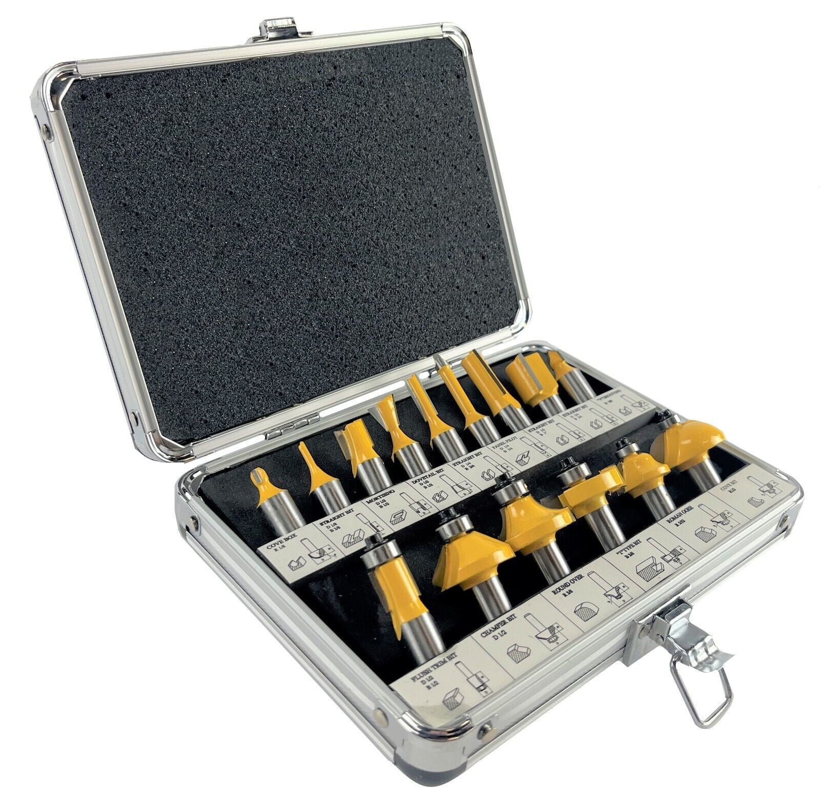 ROUTER BIT SET - 15 piece 1/2" inch Shank CARBIDE TIP Deluxe Aluminum ...