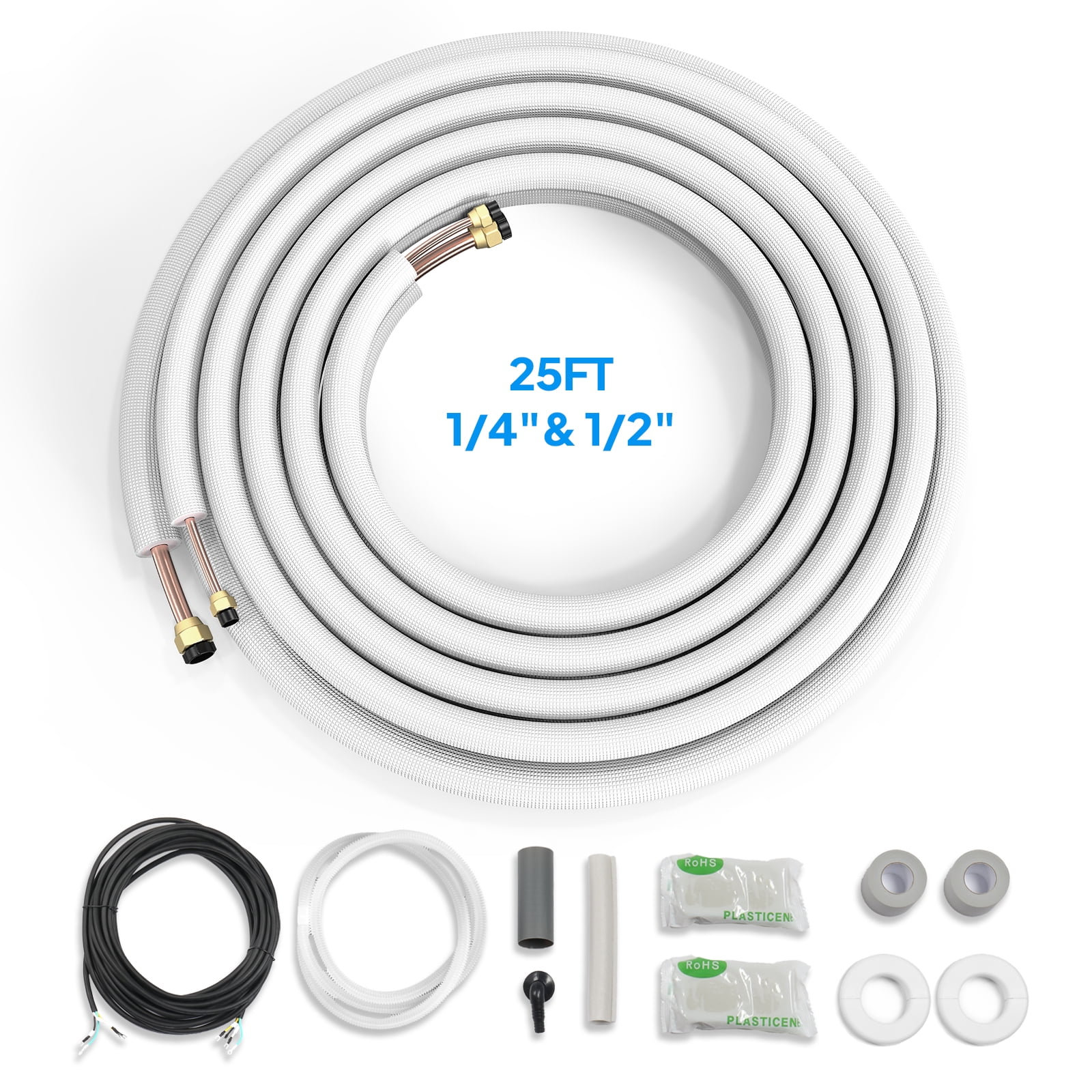 ROVSUN Copper Line Set 25Ft, Mini Split Tube 1/4" & 1/2" O.D., Flared ...