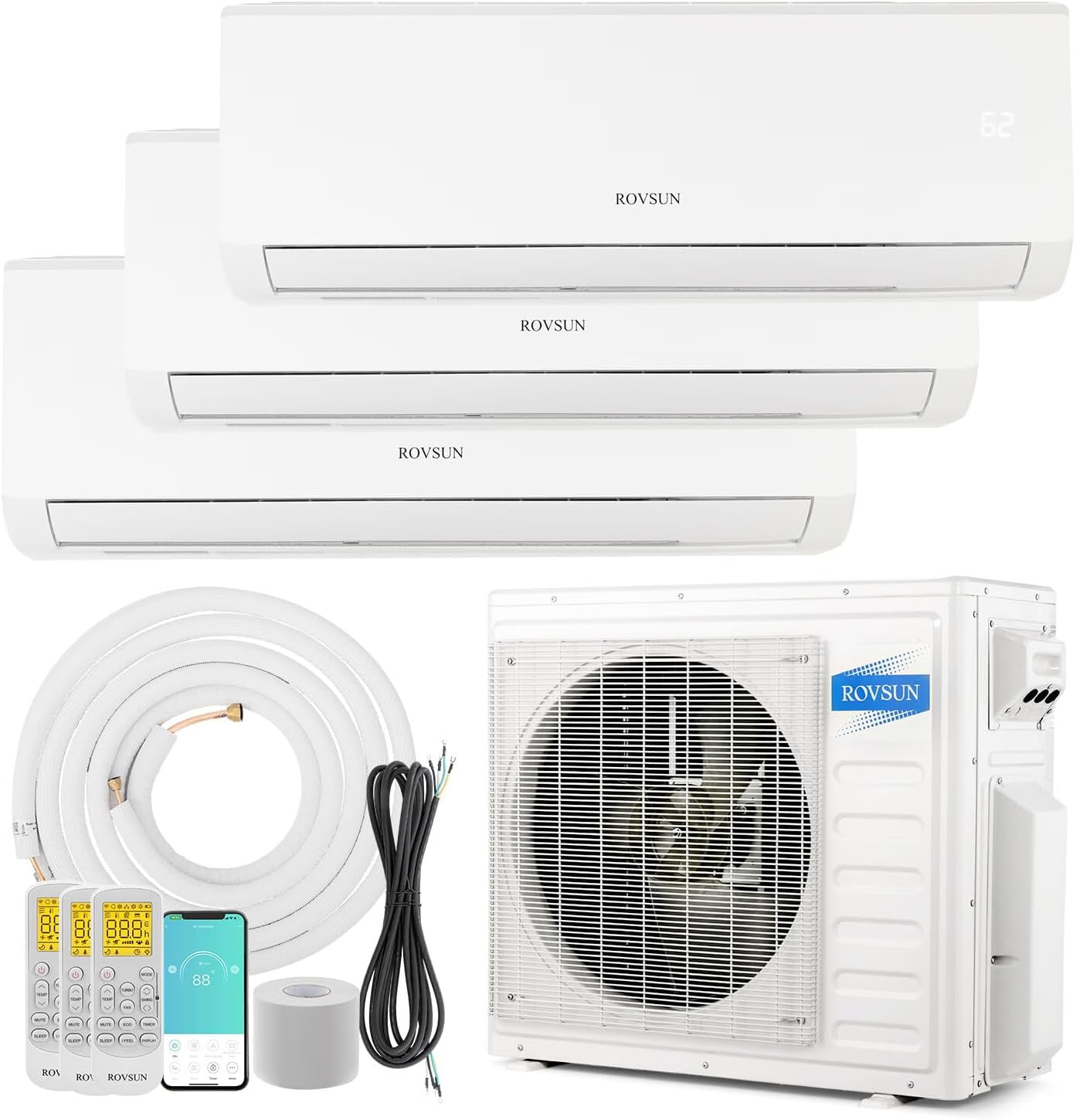 RovSun 27,000 BTU (19 SEER DOE) Tri-Zone Ductless Mini Split AC/Heating ...