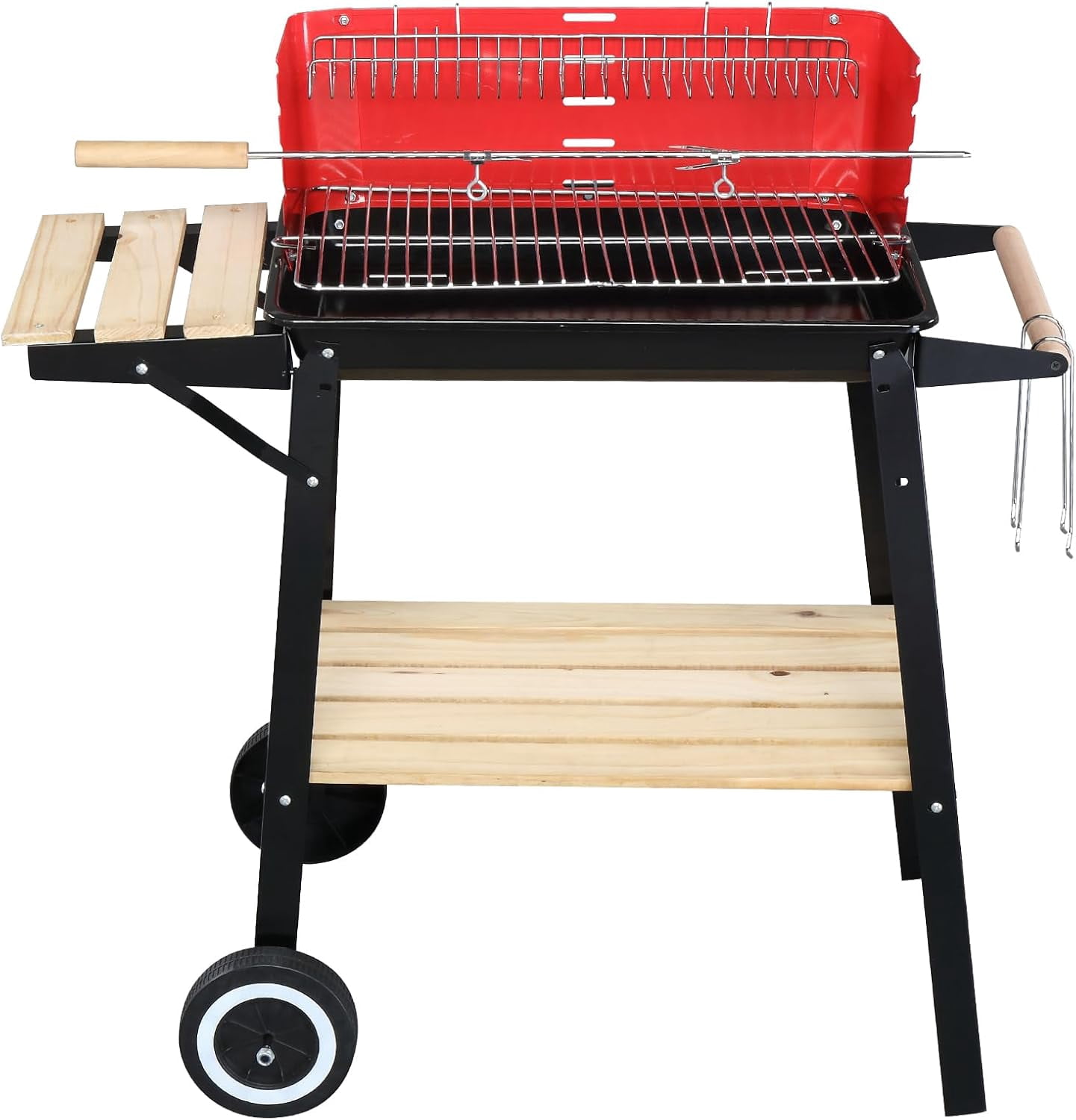 ROVSUN Charcoal Grill with Wood-Painted Side Table, Bottom Shelf ...