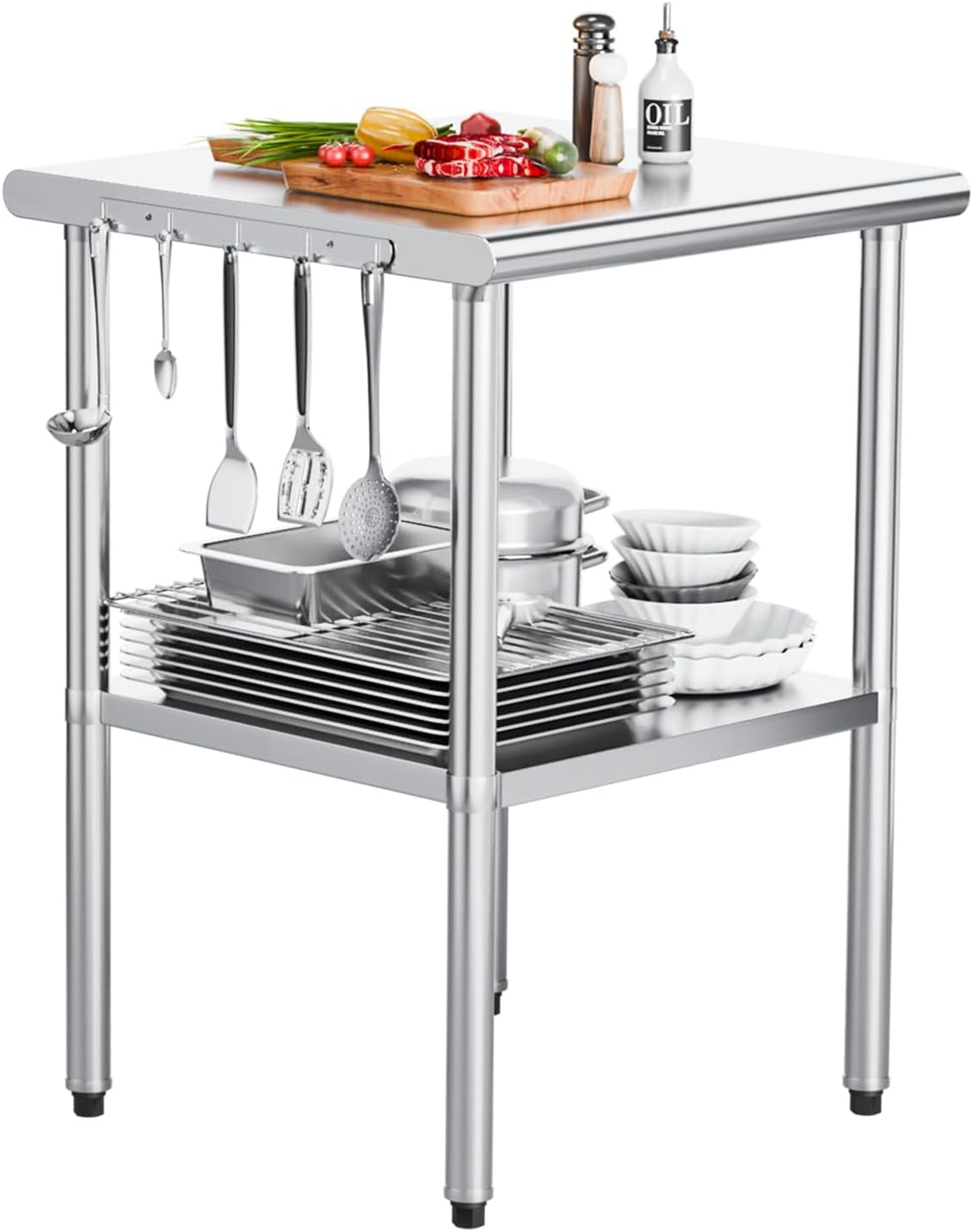 ROVSUN Stainless Steel Table with Hooks, Heavy Duty Prep Table with ...