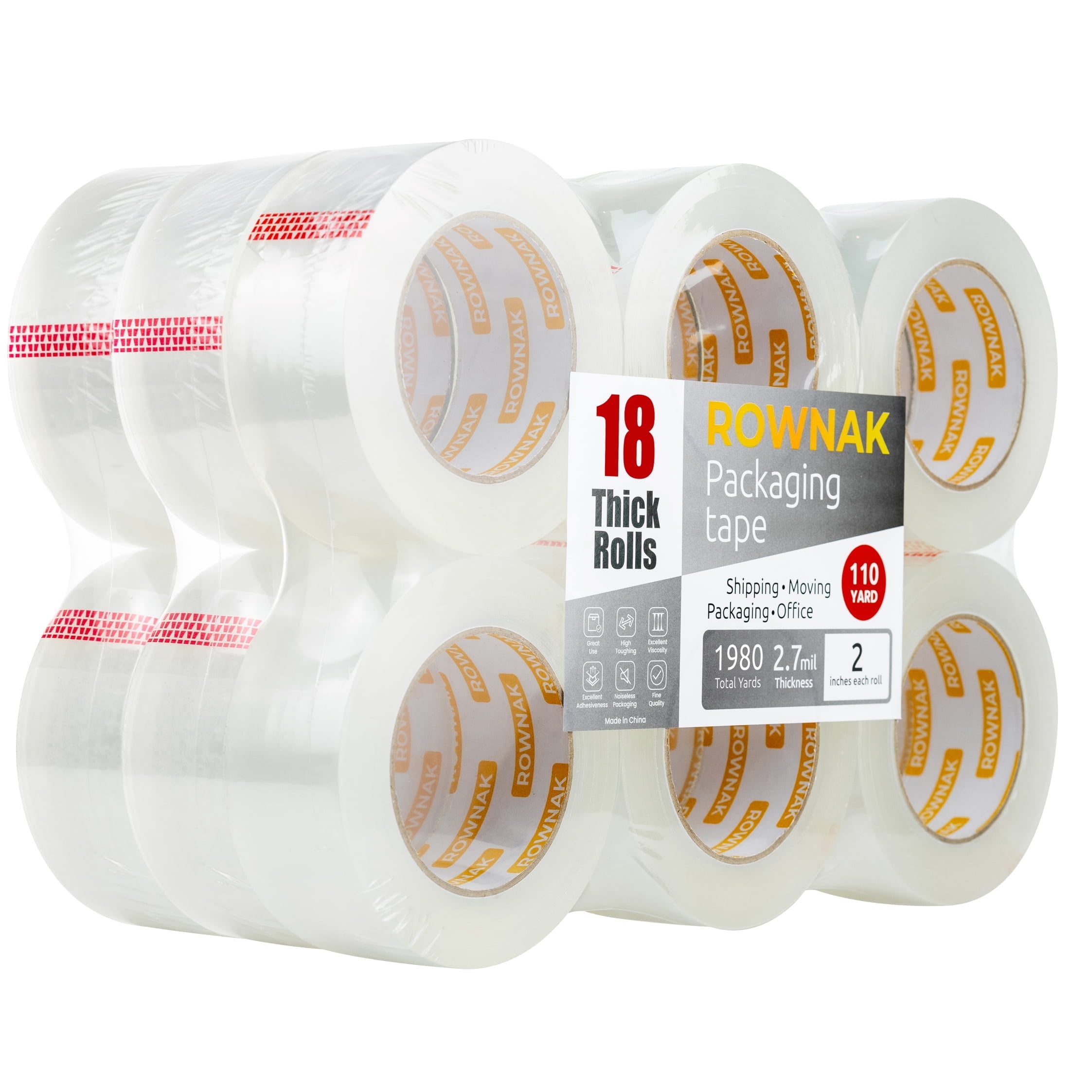 ROWNAK Clear Packing Tape, 18 Rolls, 2.0 in. x 110 Yards, 2.7mil Thick ...