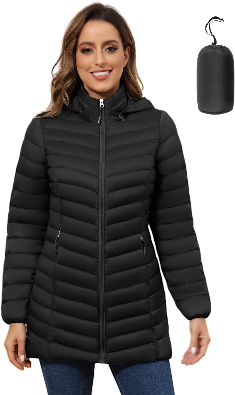 Women's Packable Puffer Jacket - Lightweight Winter Warm Long Quilted Puffer Coat with ...