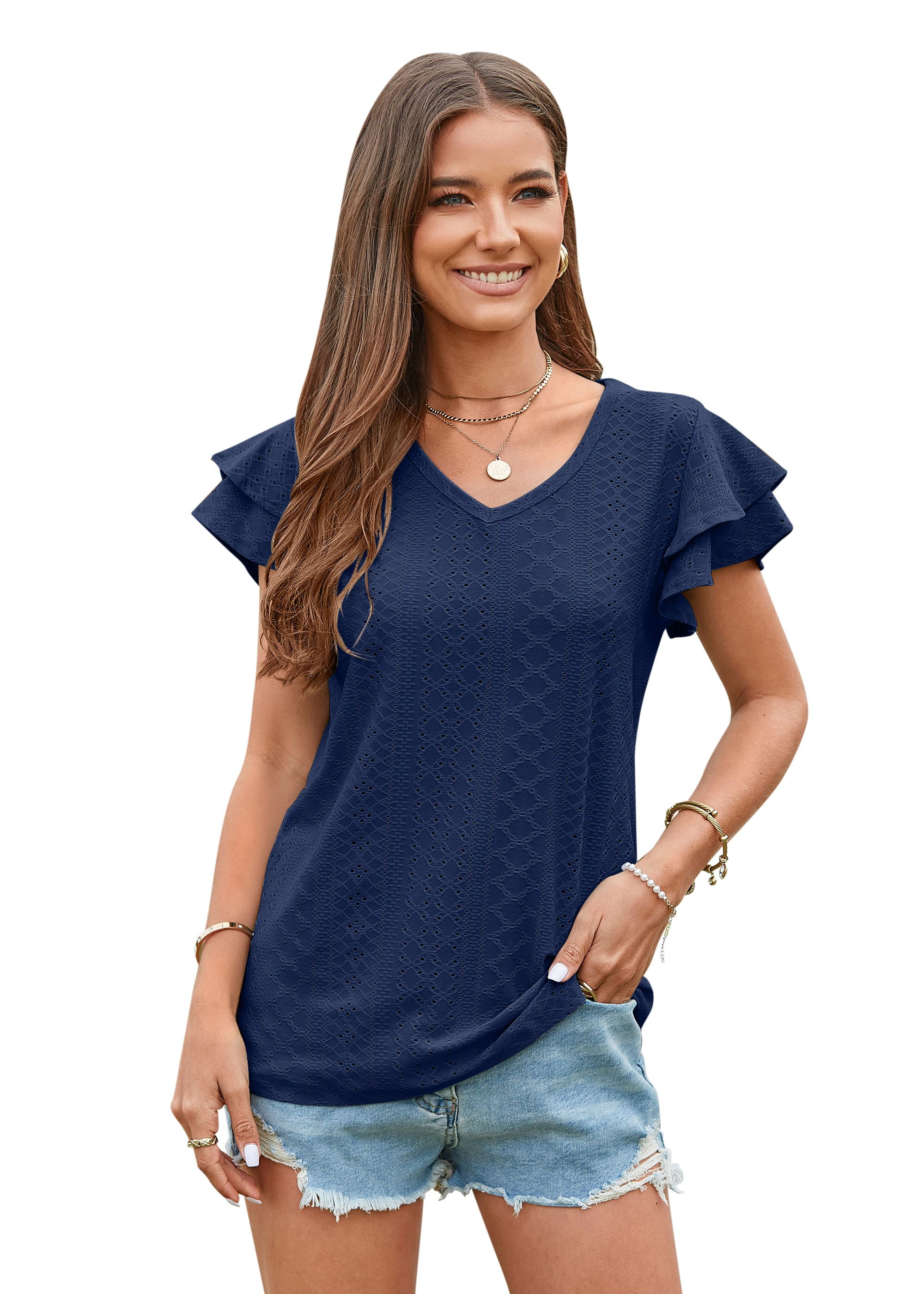 ROYAL MATRIX Womens Tshirts Loose Fit Crew Neck Ruffle Sleeve Summer ...