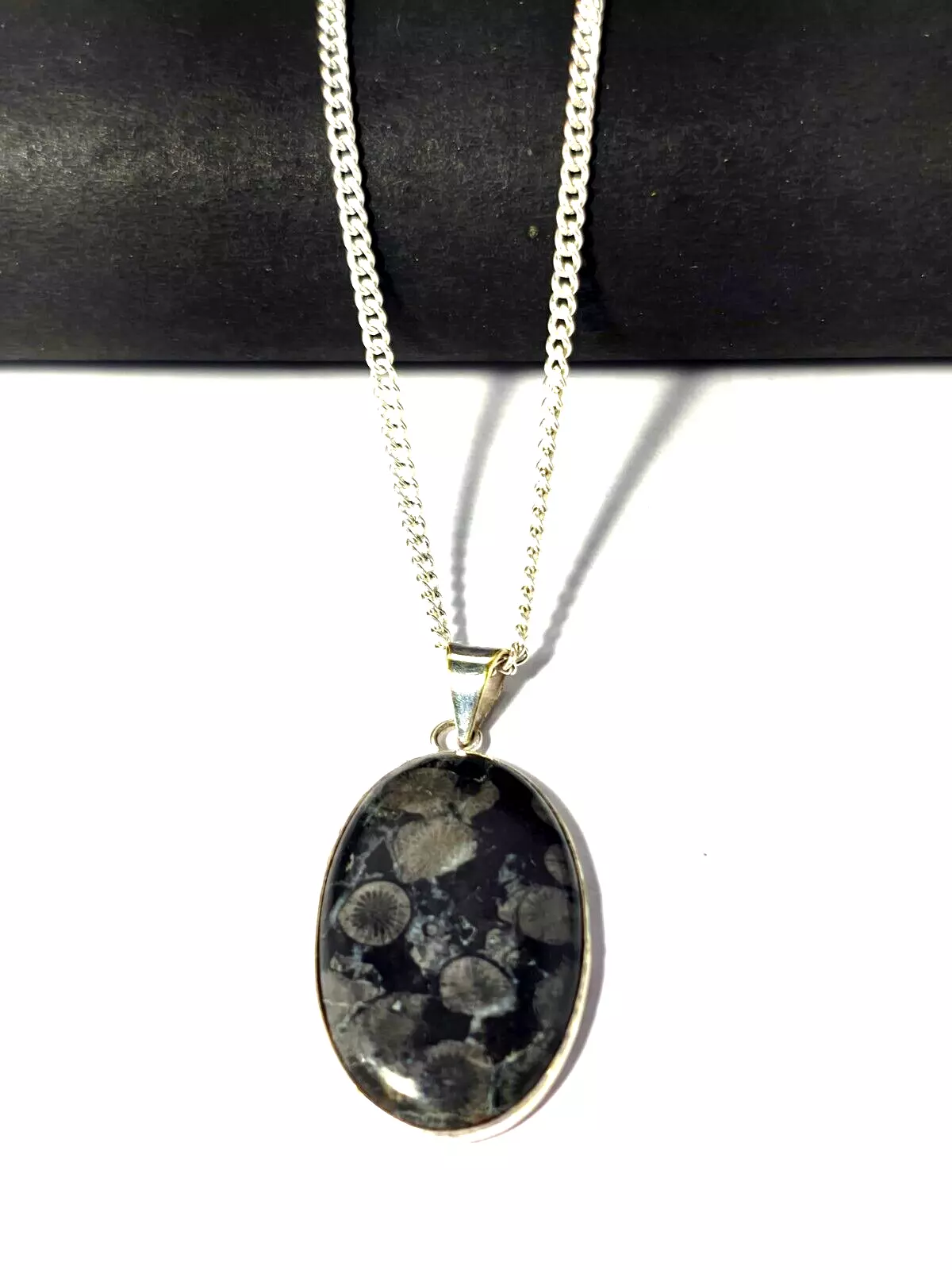 ROYALGEMSTONE Black Fossil Stone Pendant Necklace on Stainless Steel ...