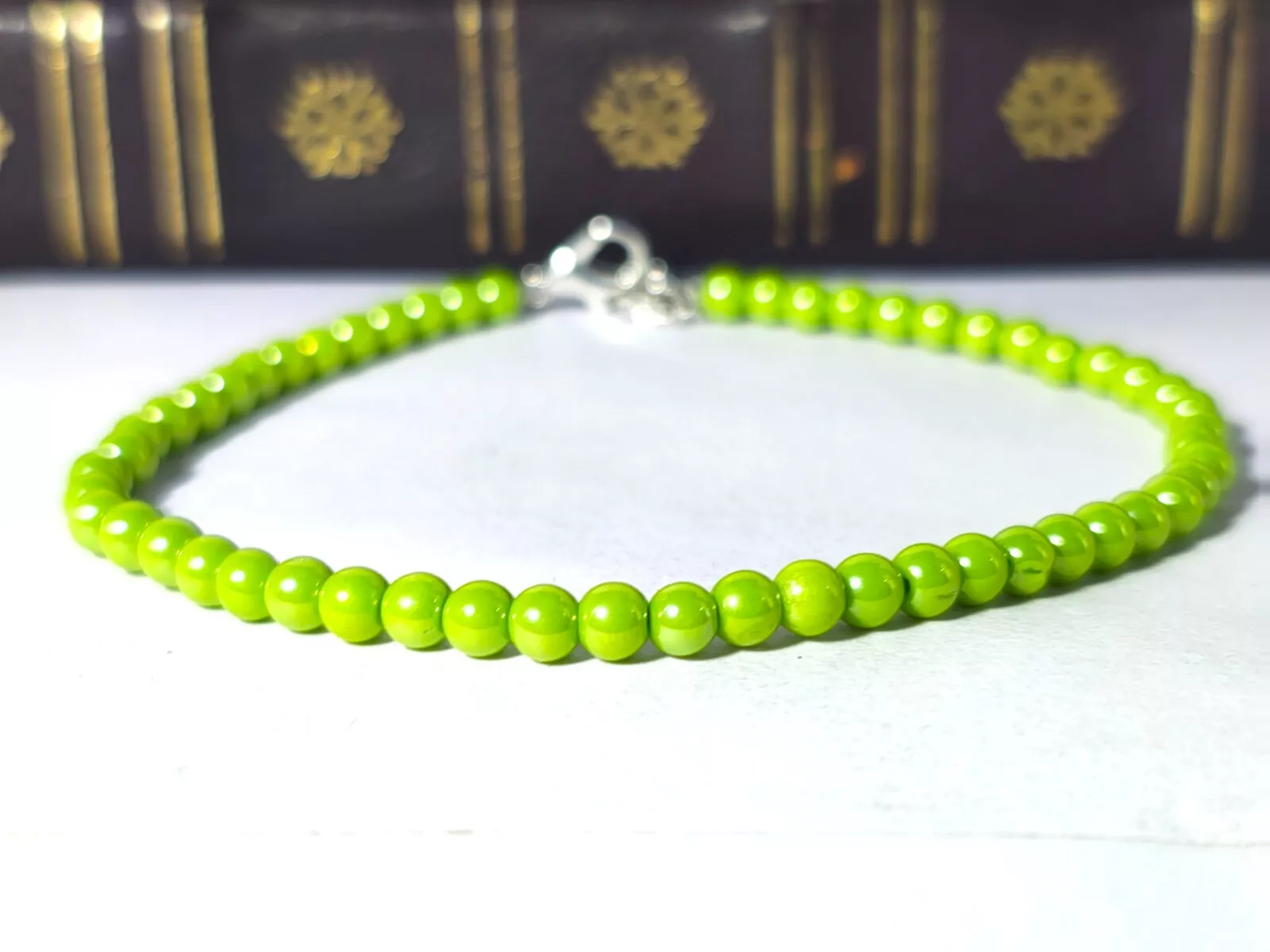 ROYALGEMSTONE Lime Green Glass Pearl Beaded Bracelet with Silver Clasp ...