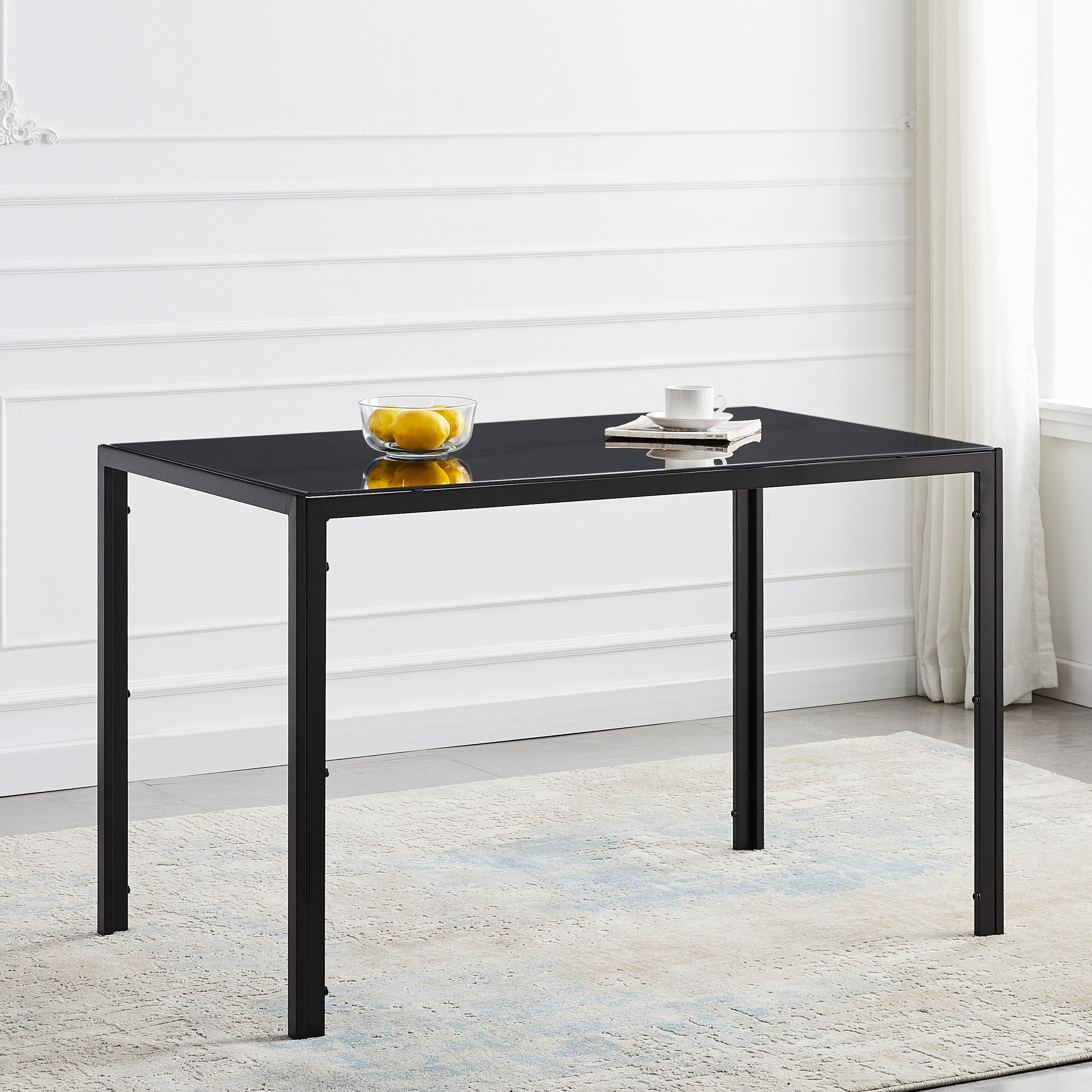 ROZHOME Small Rectangular Glass Dining Table with Black Top, Metal Leg ...