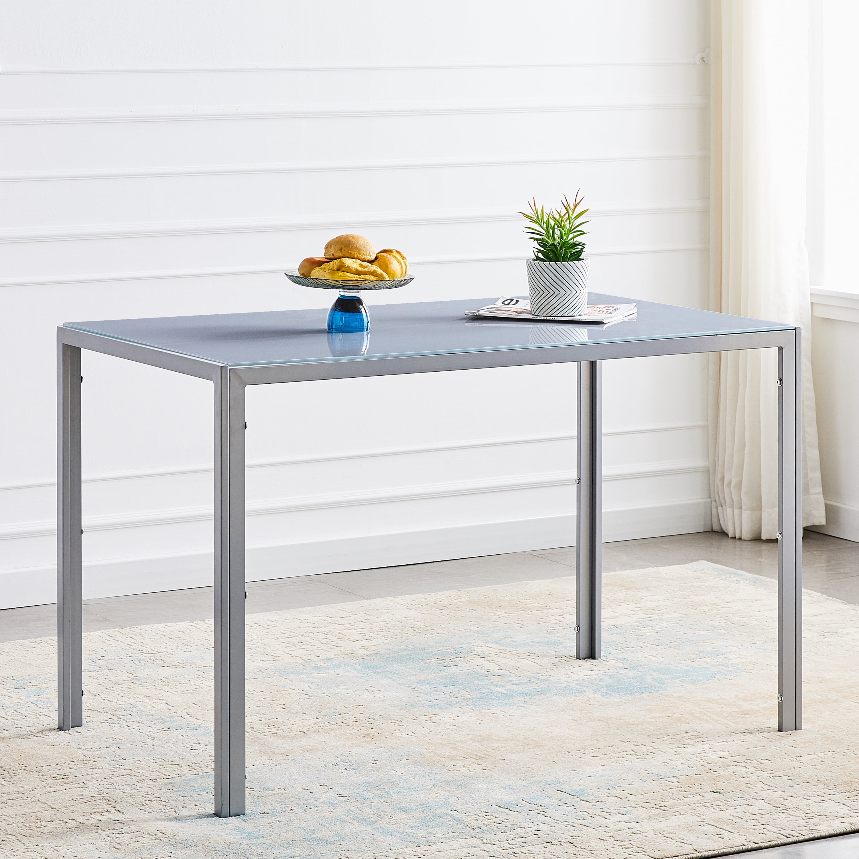 ROZHOME Modern Small Rectangular Dining Table, Tempered Glass Top ...