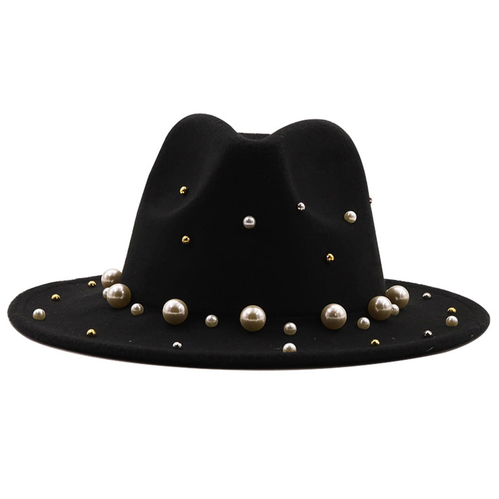 ROZYARD Fashion Woolen Big Brim Pearl Jazz Top Hat Wool Felt Big Brim ...