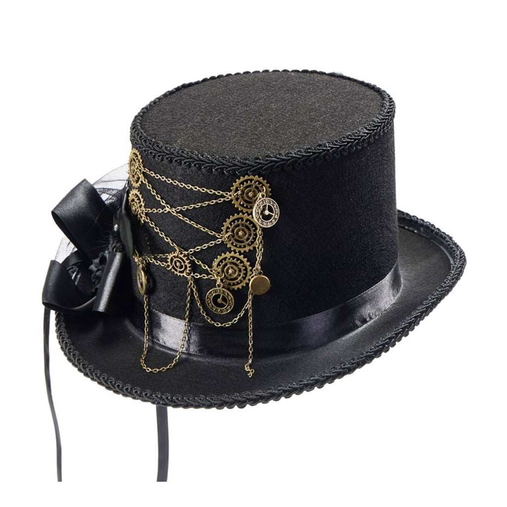 ROZYARD Steampunk Flat Top Hat with Gear Chain&Feather Carnivals ...