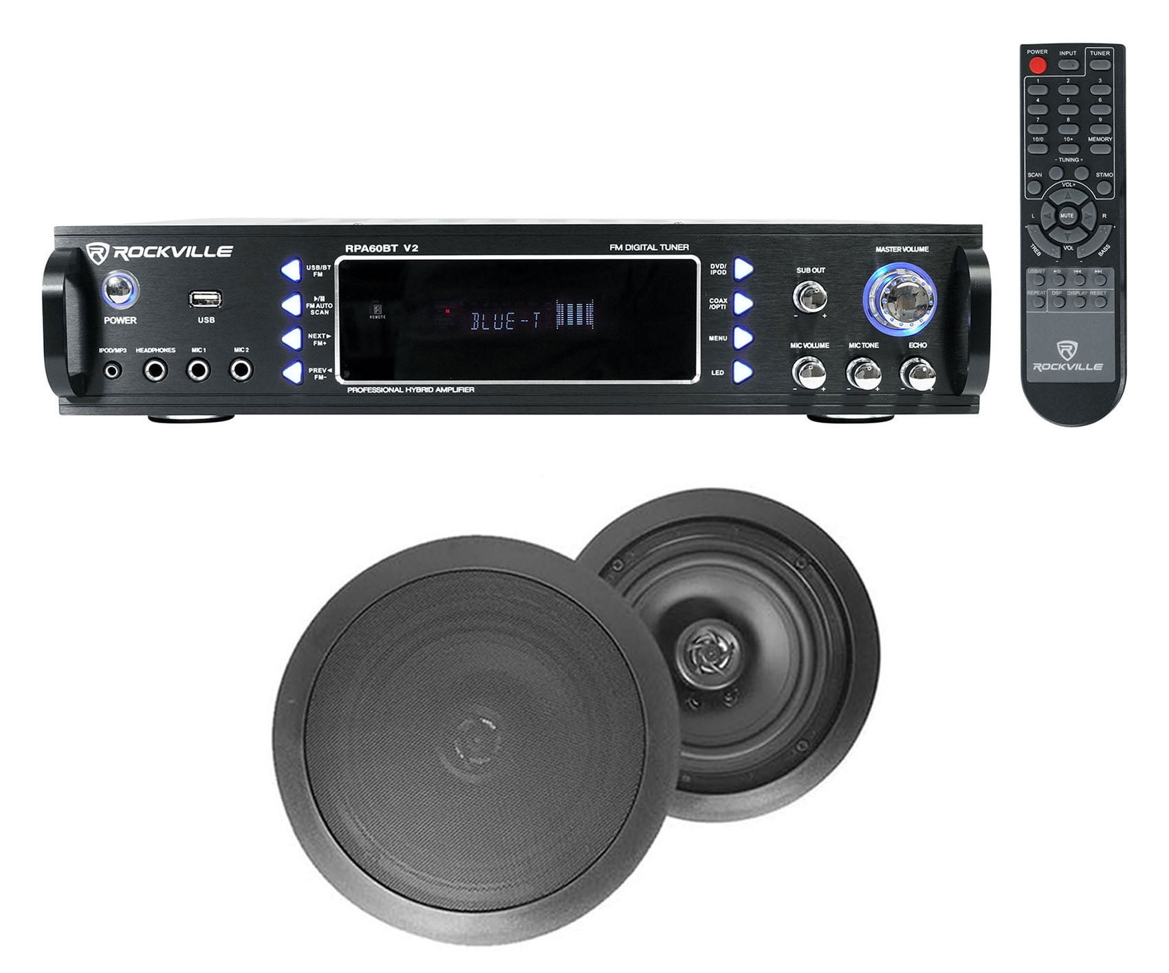 RPA60BT Home Theater Bluetooth Receiver + (2) 8" Black In-Ceiling ...