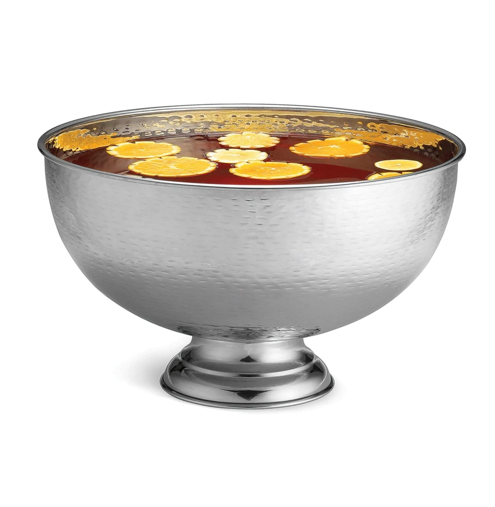 RPB1513 Hammered Pedestal Punch Bowl, Large Silver Stainless Steel, 54 Cup Capacity, 3.4 Gallon ...