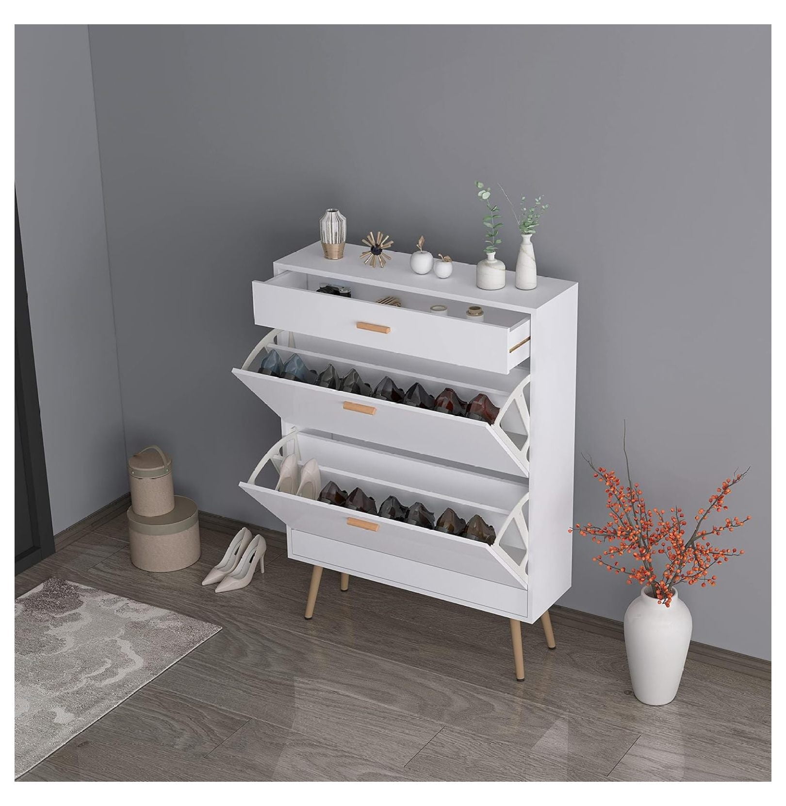 RPQZ White Shoe Cabinets with 2 Drawers, Tipping Bucket 2-Tier 16 Pairs ...