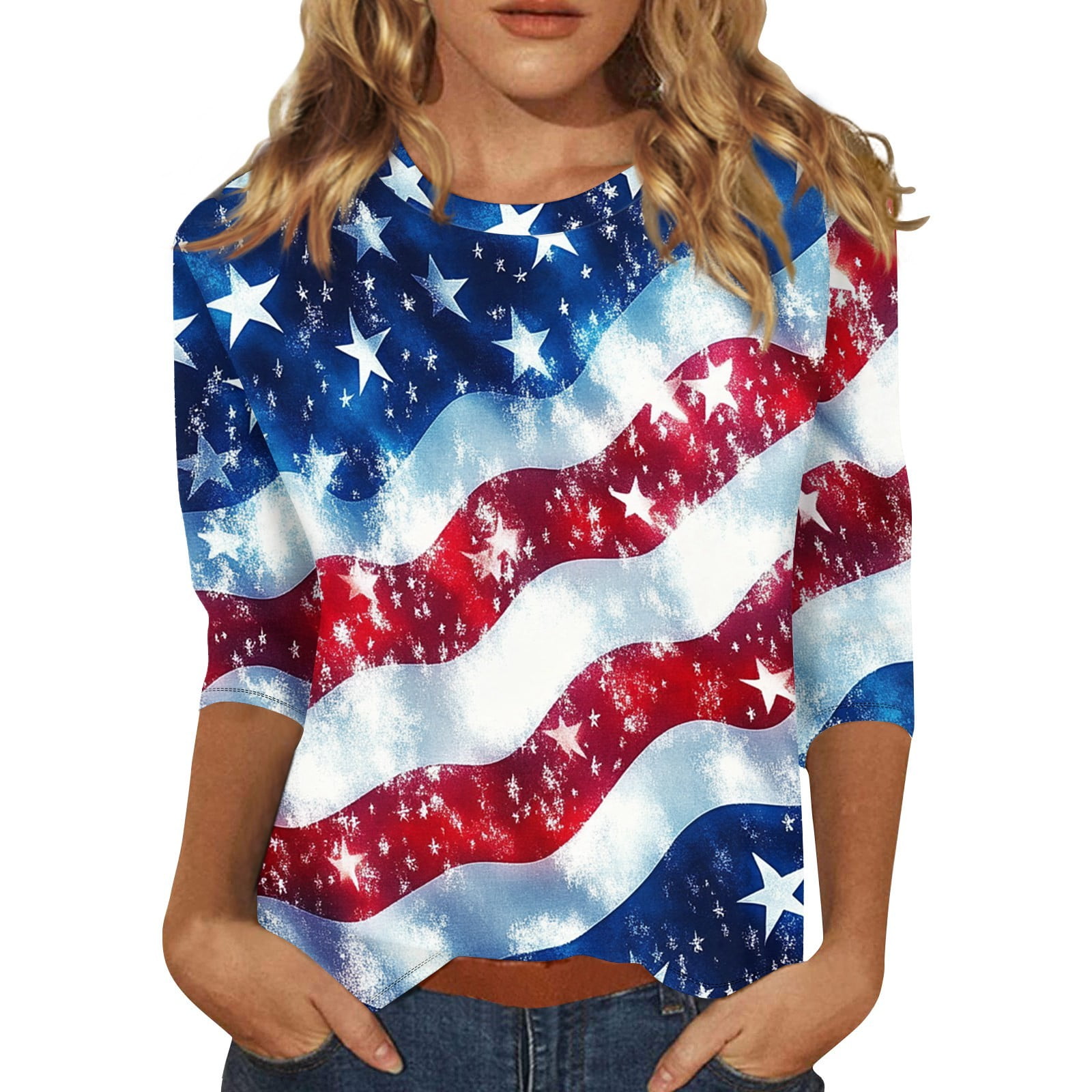 RPVATI 4th of July Ladies Shirts 3/4 Sleeve Summer Casual Patriotic Stars and Striped T Shirts ...