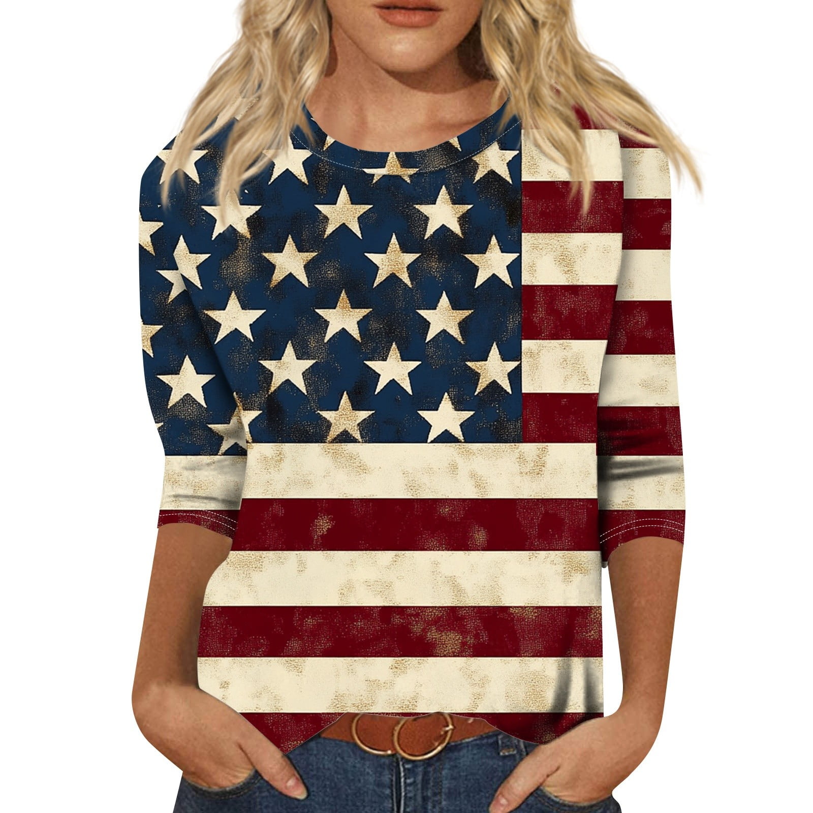 RPVATI 4th of July Women's 3/4 Sleeve Summer Shirts Crew Neck Casual Patriotic Print Basic Tees ...