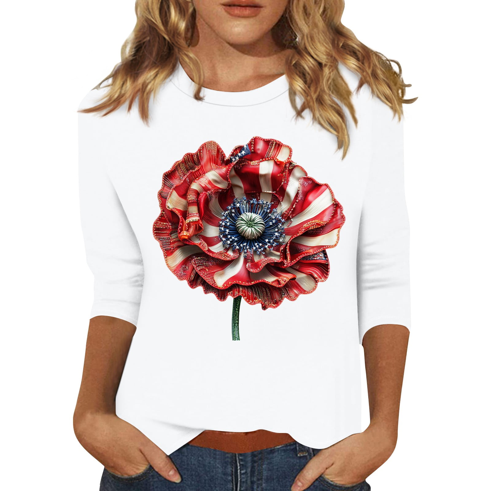 RPVATI 4th of July Women's 3/4 Sleeve Tops And Blouses Black Casual ...