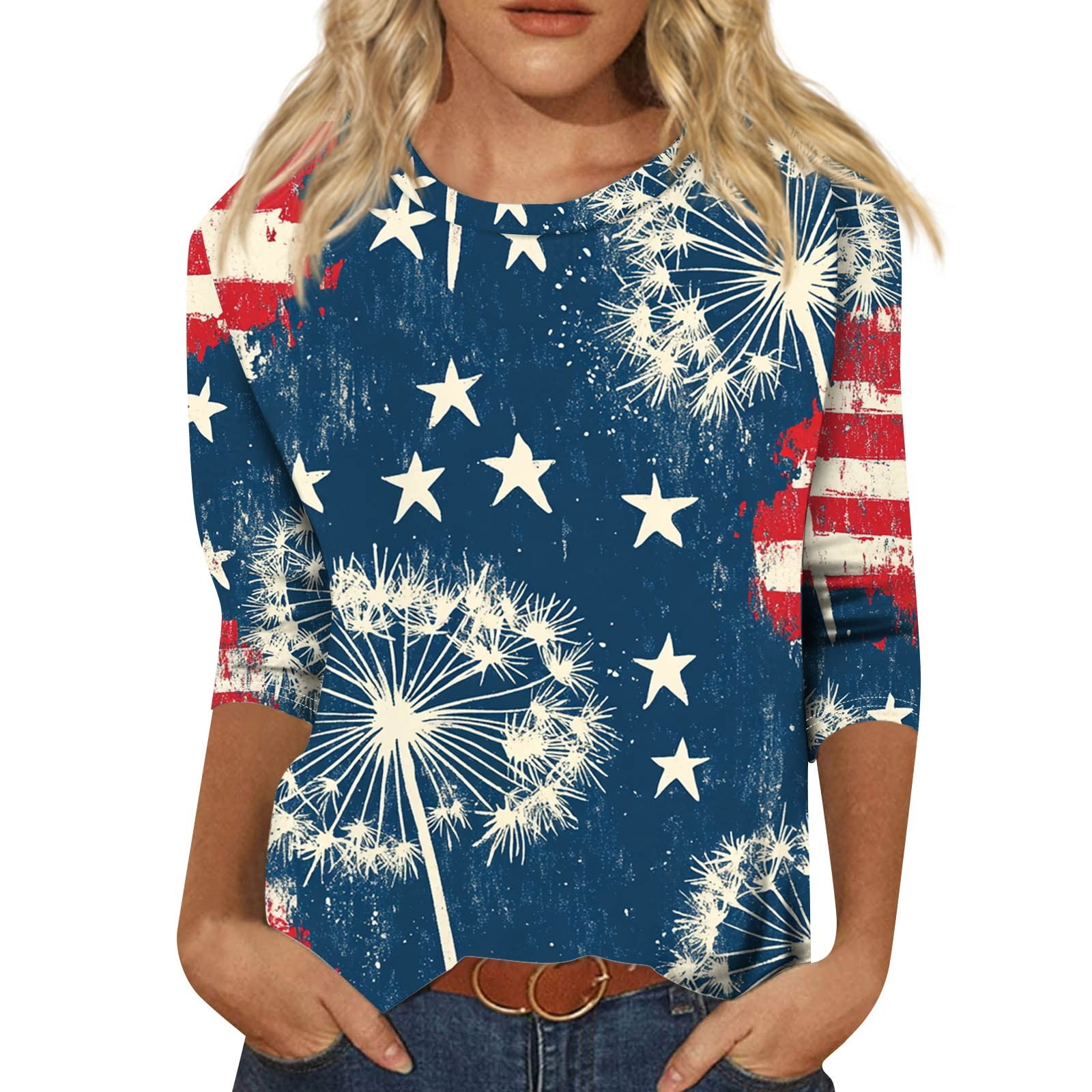 RPVATI 4th of July Womens 3/4 Sleeve Blouses Summer Stars Striped ...