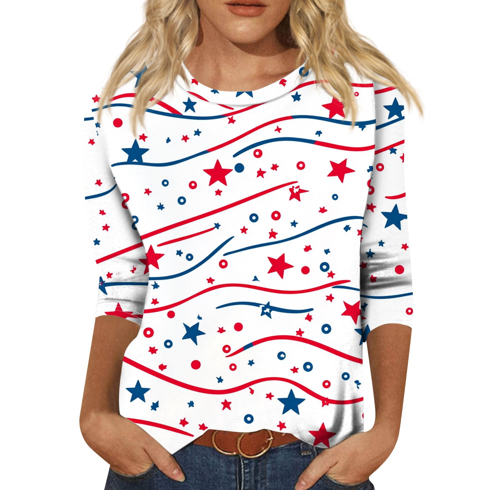 RPVATI 4th of July Womens 3/4 Sleeve Tops Casual Elbow American Flag ...