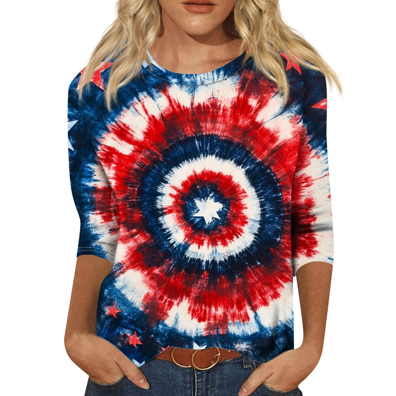 RPVATI 4th of July Womens 3/4 Sleeve Tops Casual Round Neck Elbow Independence Day Print Basic ...